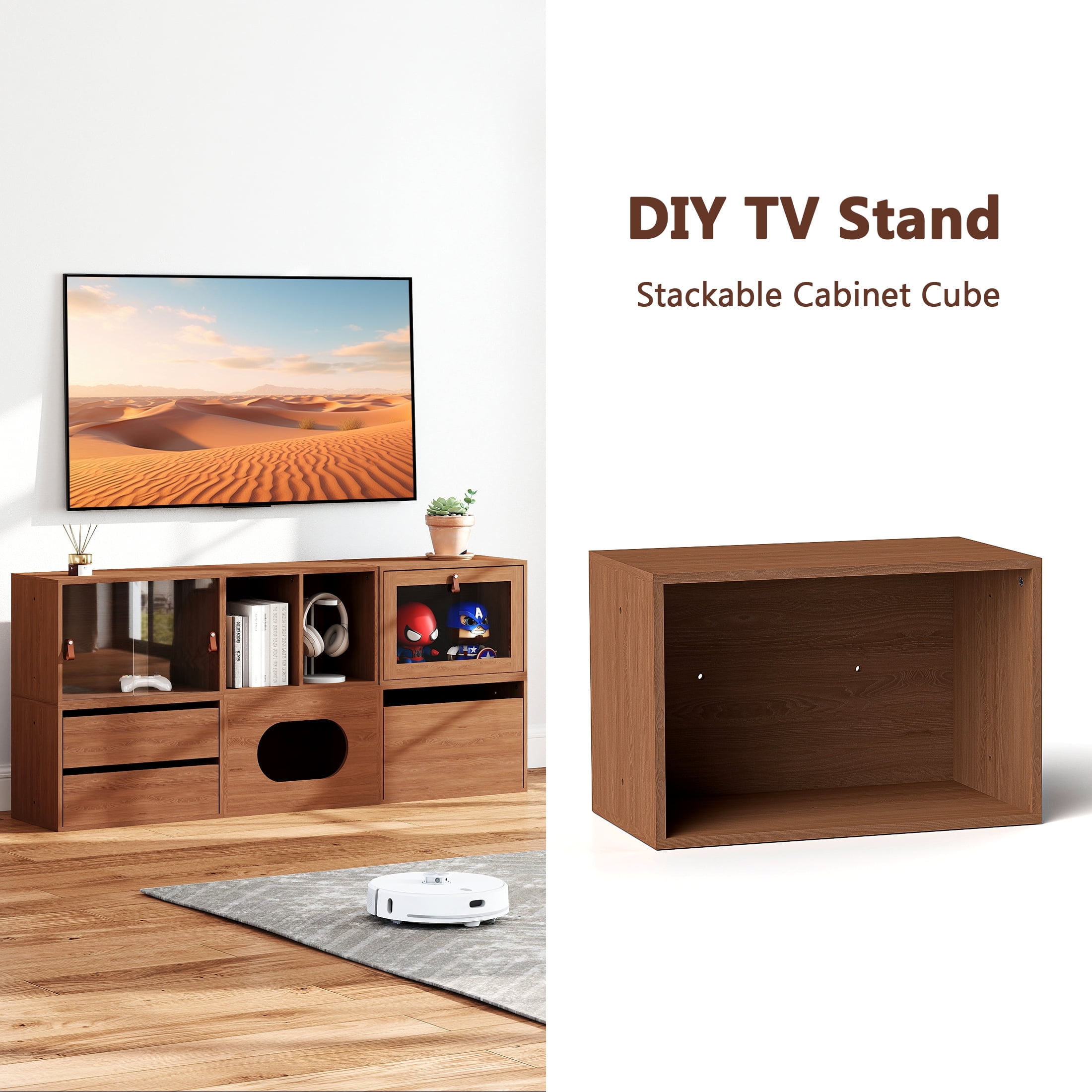 Anrist DIY TV Stand Stackable Cube Cabinet for 35-80 inch TVs Walnut ...