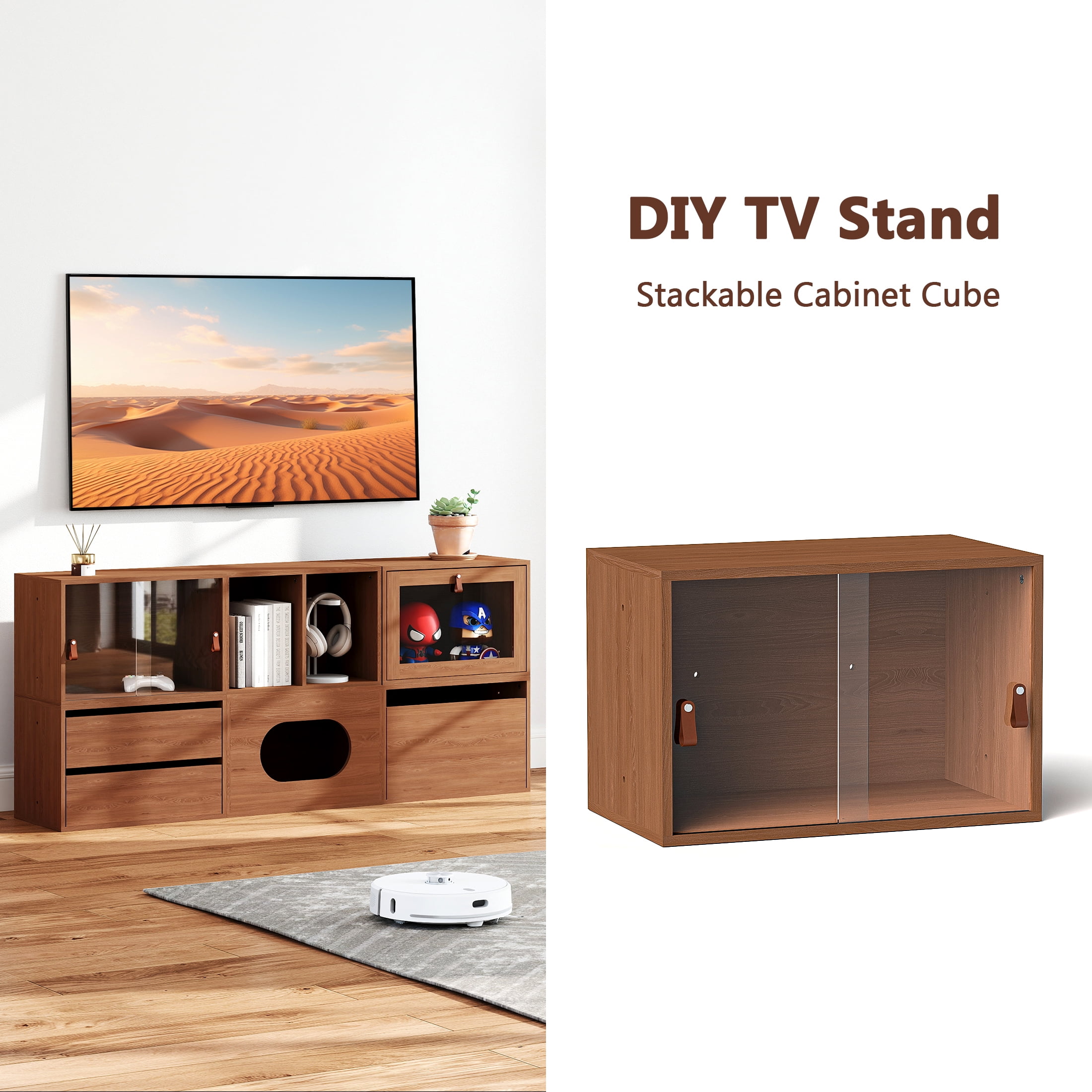 Anrist DIY TV Stand Stackable Cube Cabinet for 35-80 inch TVs Walnut ...
