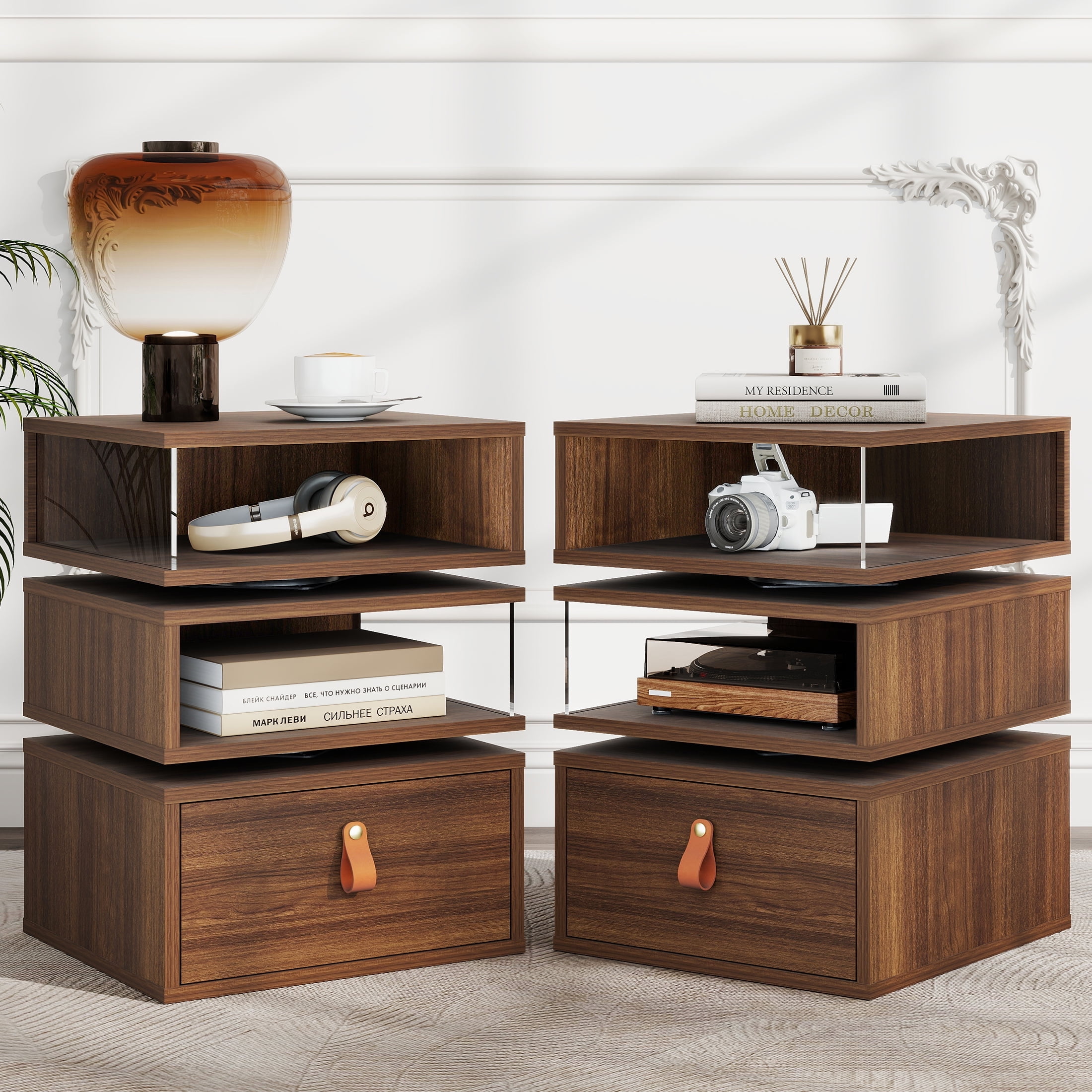 Anrist Rotating Side Table with Storage, 3-tier Stacked Design Wood ...