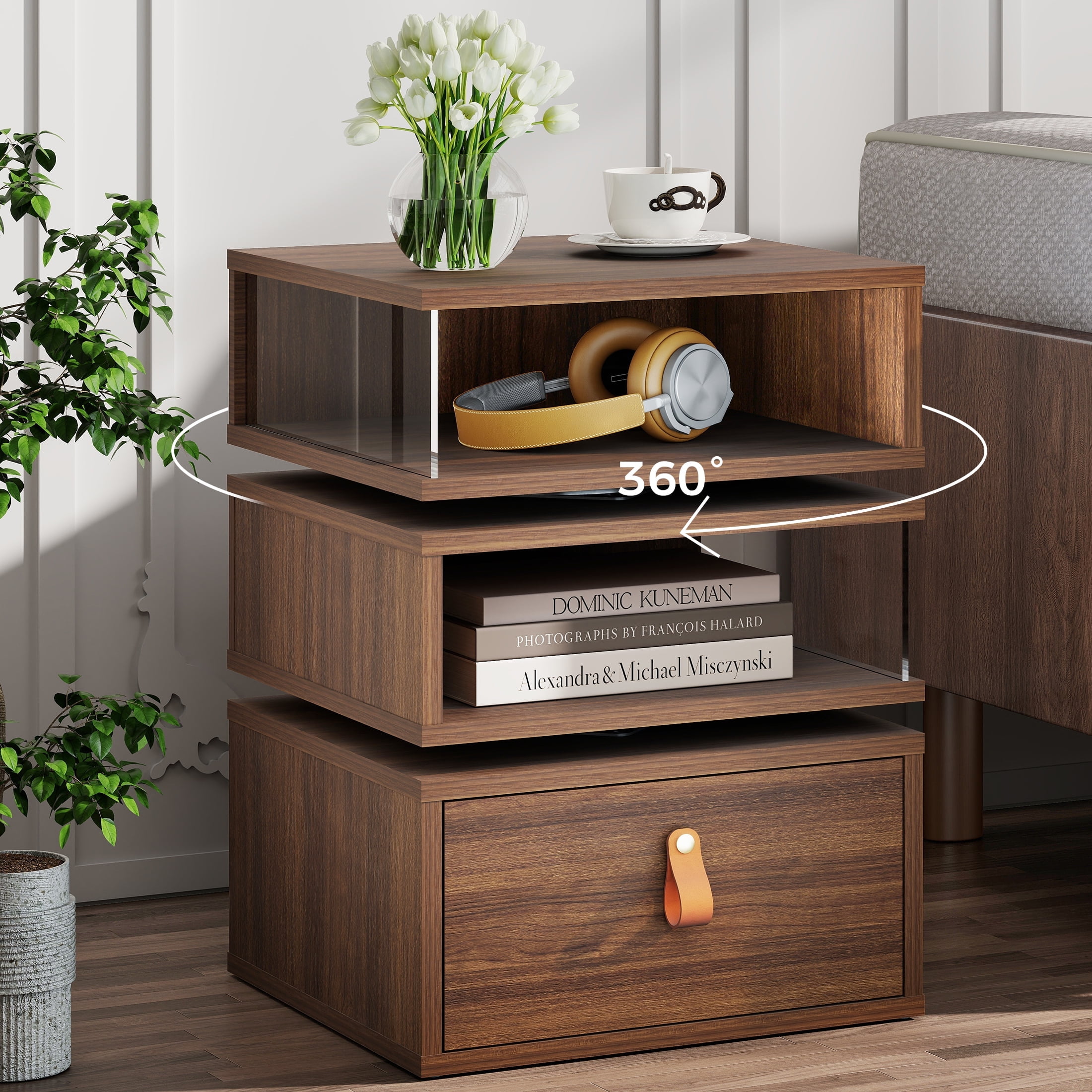 Anrist Rotating Side Table with Storage, 3-tier Stacked Design Wood ...