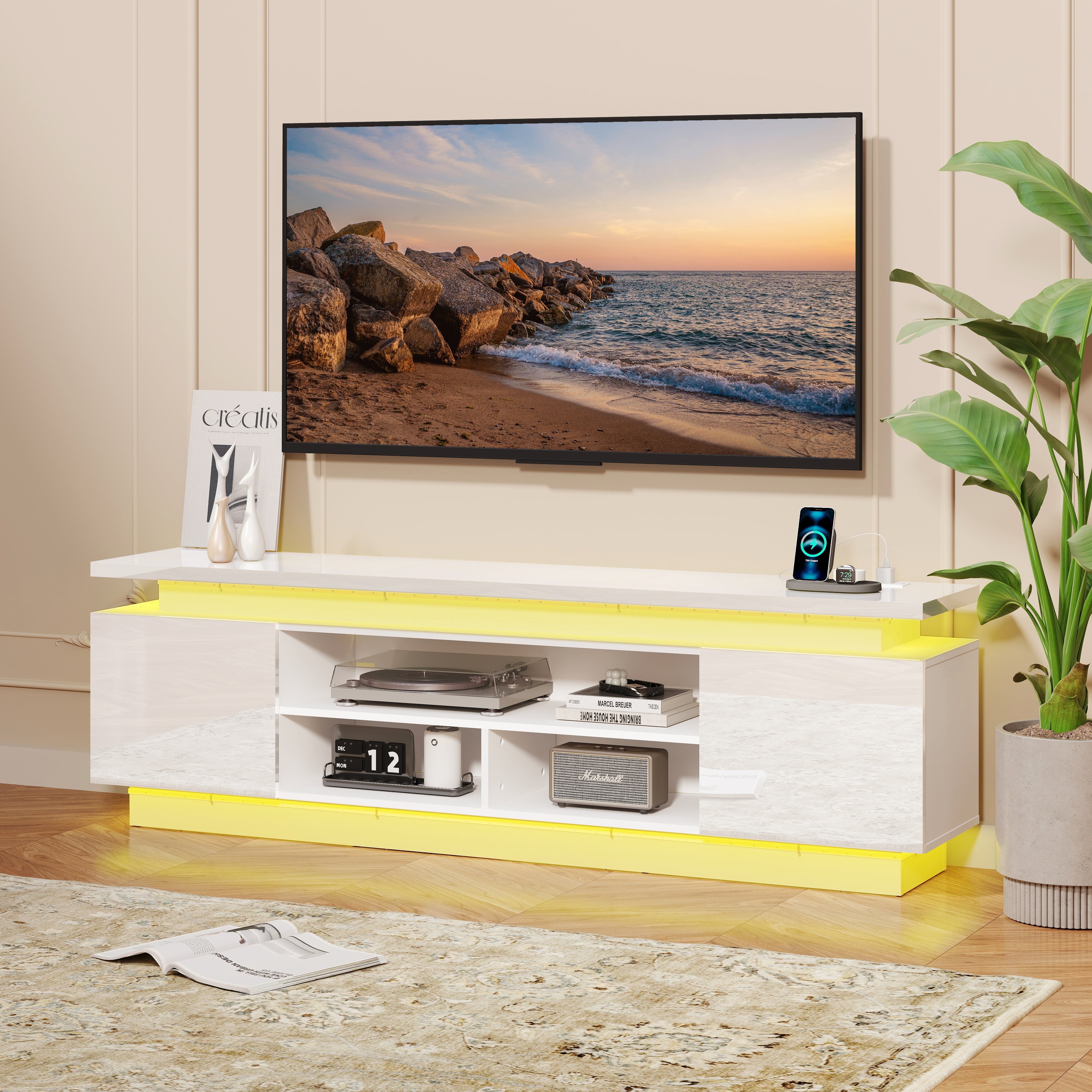 Anrist TV Stand with Storage & LED Lights & Power Outlets for TVs up to 80", Modern ...