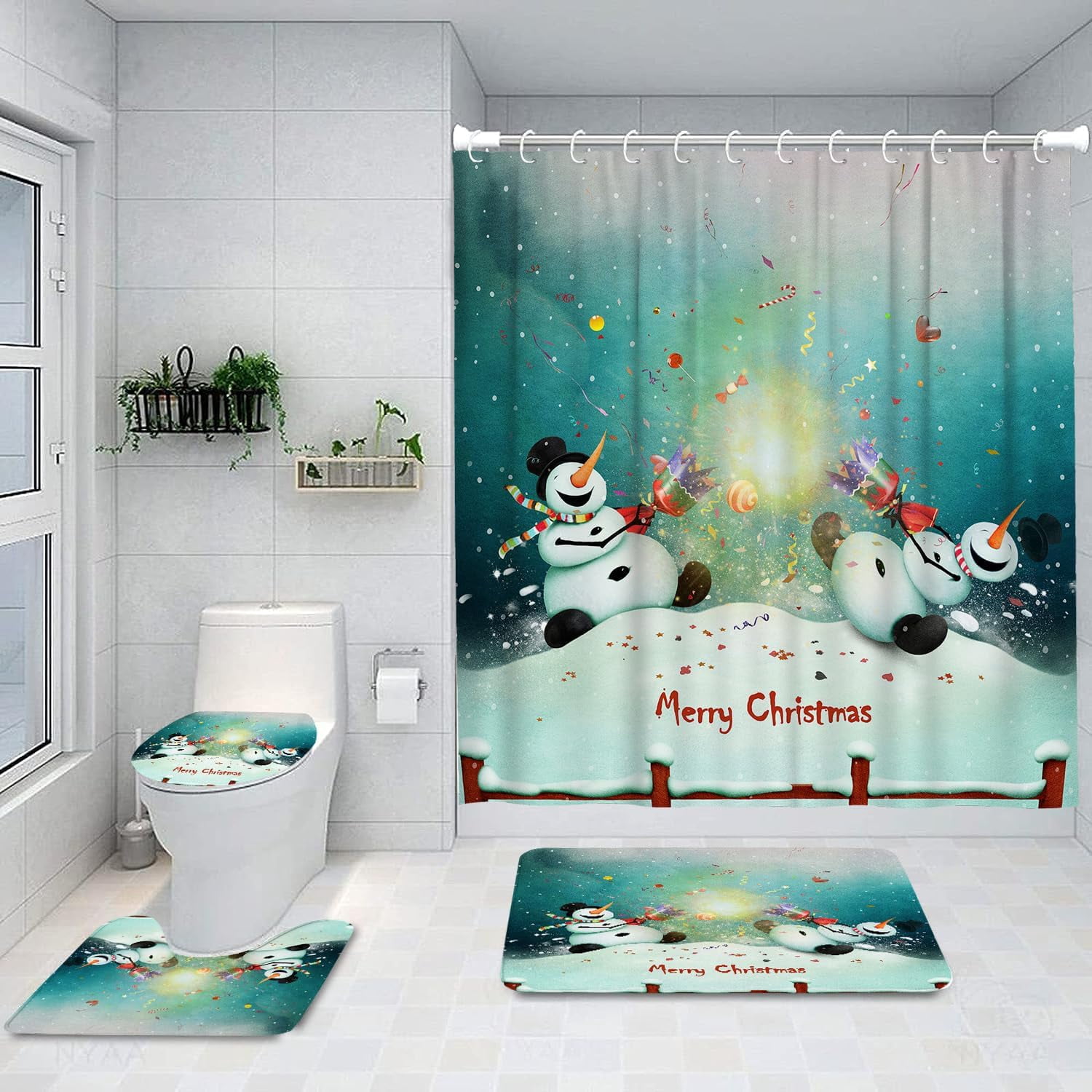 Ansouyi 4Pcs Bathroom Shower Curtain Sets with Non-Slip Rugs, Toilet ...