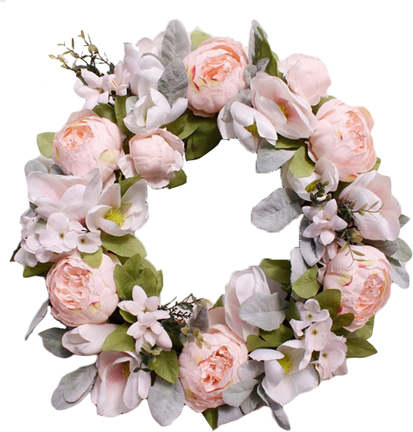 Ansuma 18" Peony Magnolia Grandiflora Wreath, Artificial Flower Wreath Door Wreath with Green ...