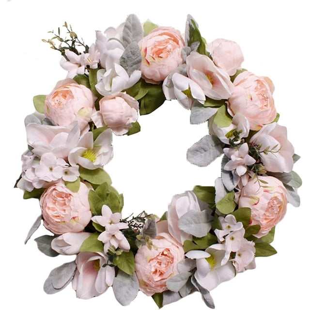 Ansuma 18" Peony Magnolia Grandiflora Wreath, Artificial Flower Wreath Door Wreath with Green ...