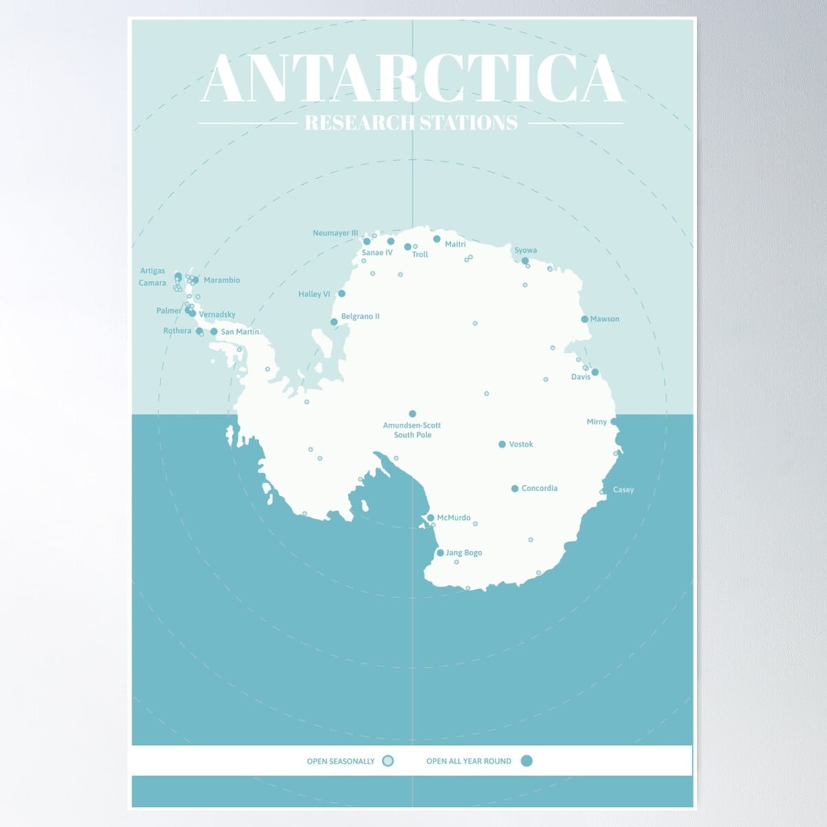 Antarctica Research Stations Map Poster Wall Art, Modern Wall Decor For ...