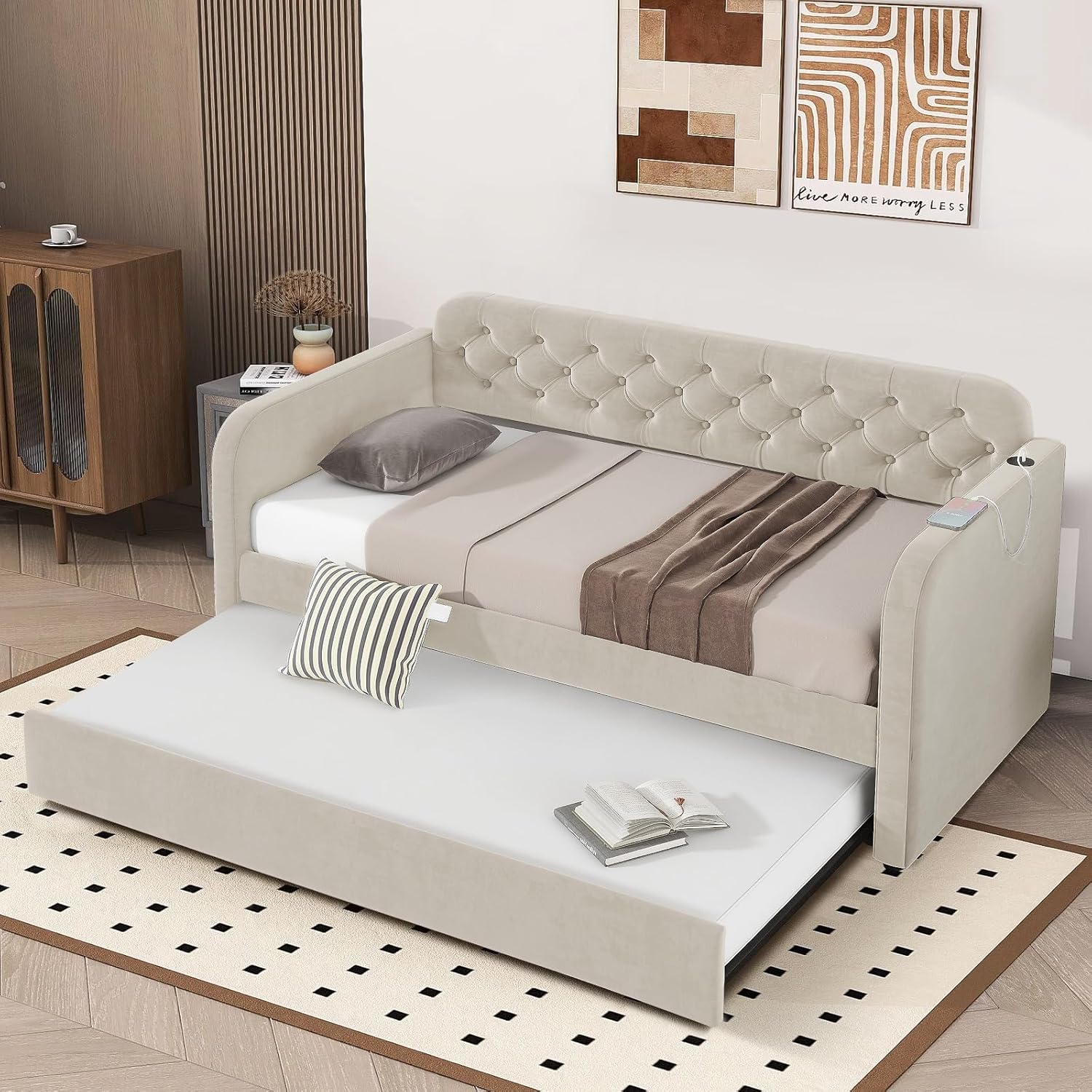 Antetek Twin Daybed with Trundle, Upholstered Velvet Daybed w/Pull Out ...