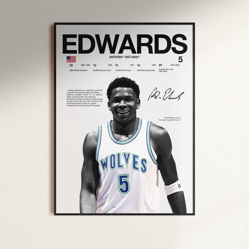 Anthony Edwards Poster Clean Black and White NBA Portrait Sports Wall ...