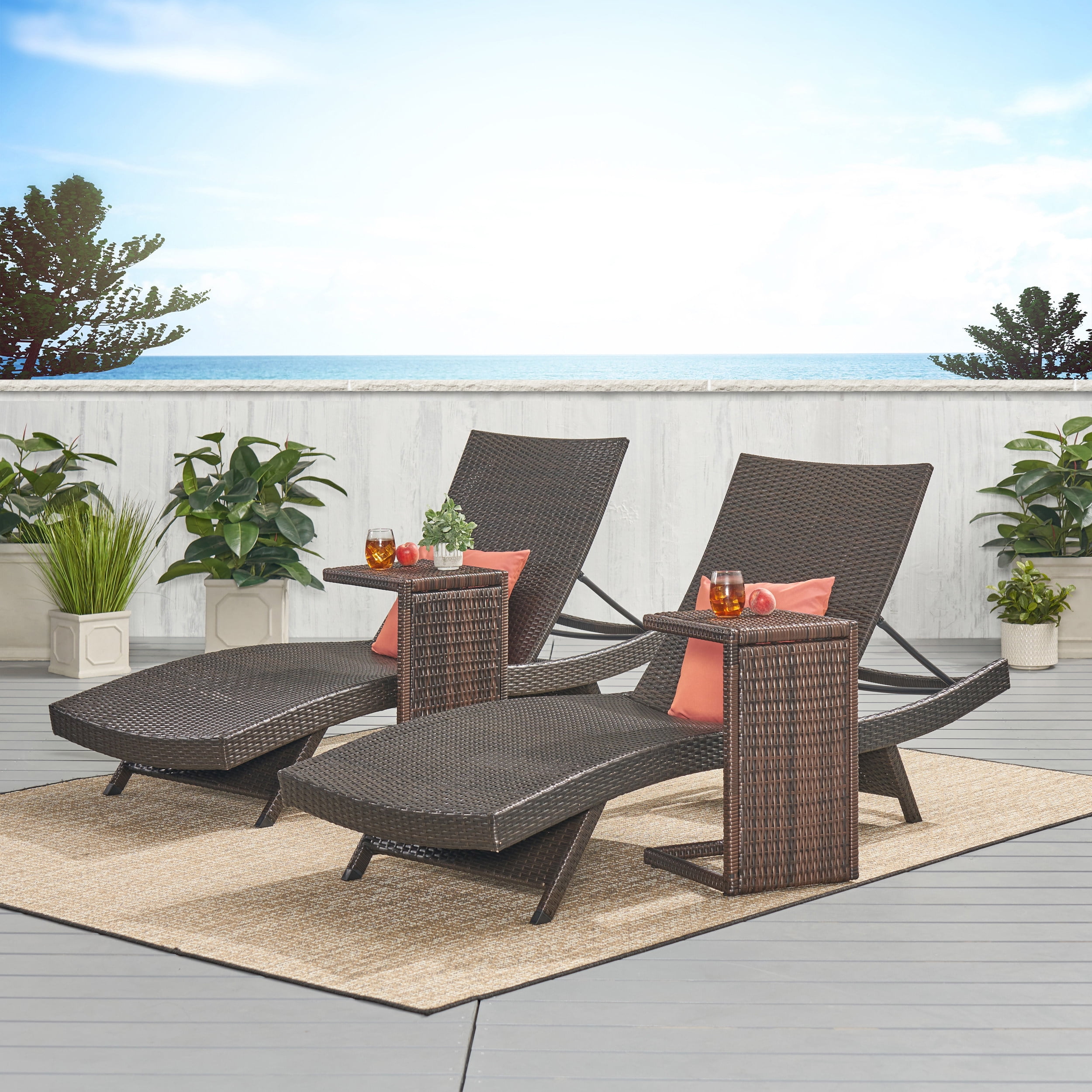 Anthony Outdoor Wicker Lounge with C-shaped Wicker Side Table, Set of 3 ...