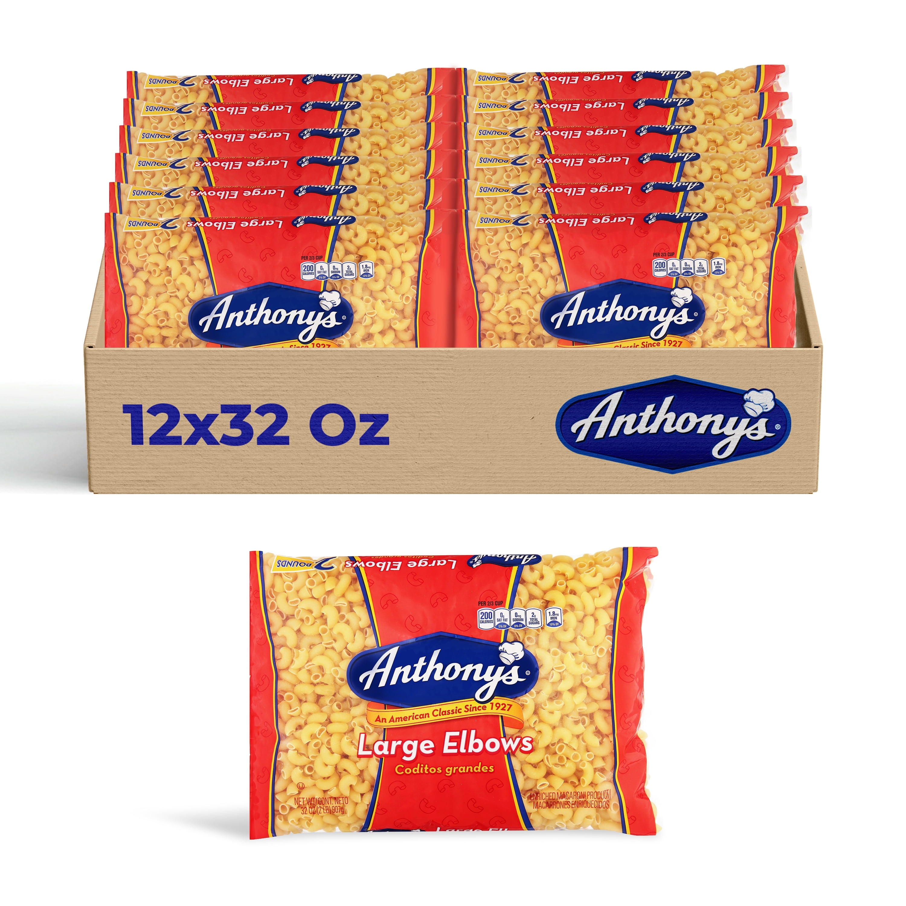 Anthony’s Large Elbow Macaroni, 12-Pack (32 oz Each), Enriched Pasta ...