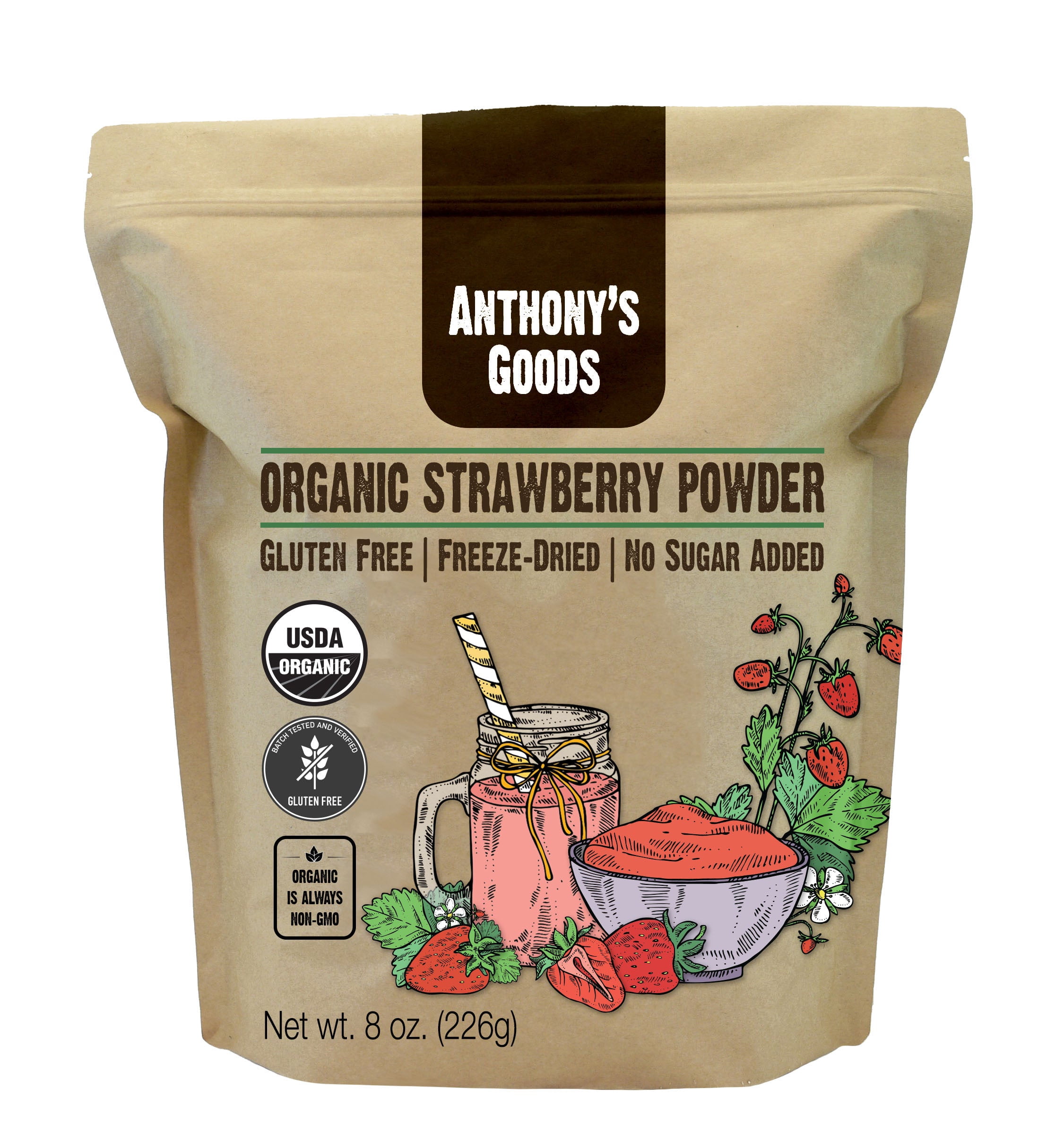 Anthony's Organic Strawberry Powder, 8 oz, Freeze Dried, Gluten Free ...