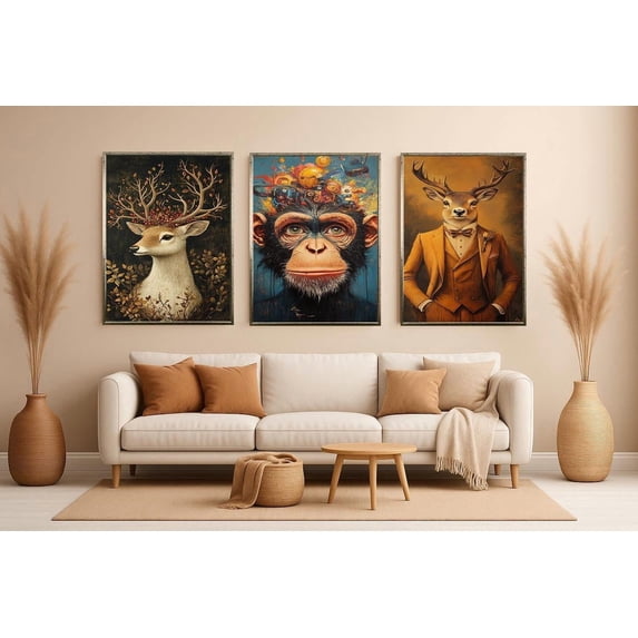 Anthropomorphic Animal Portrait Print Surreal Home Decor Set 3 Unframed ...