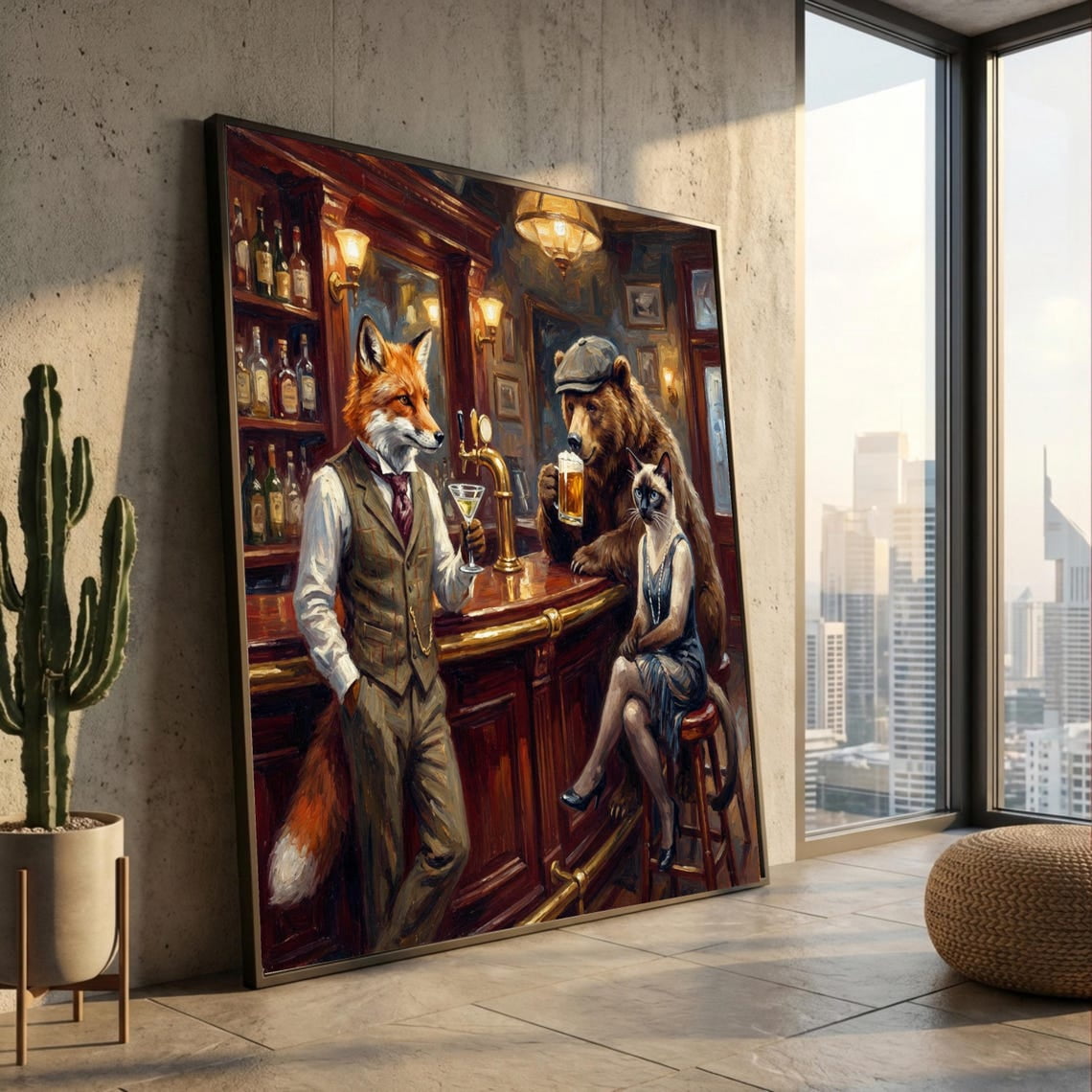 Anthropomorphic Animal Pub Print, Fox Bear Cat Bar Wall Art, Unframed ...