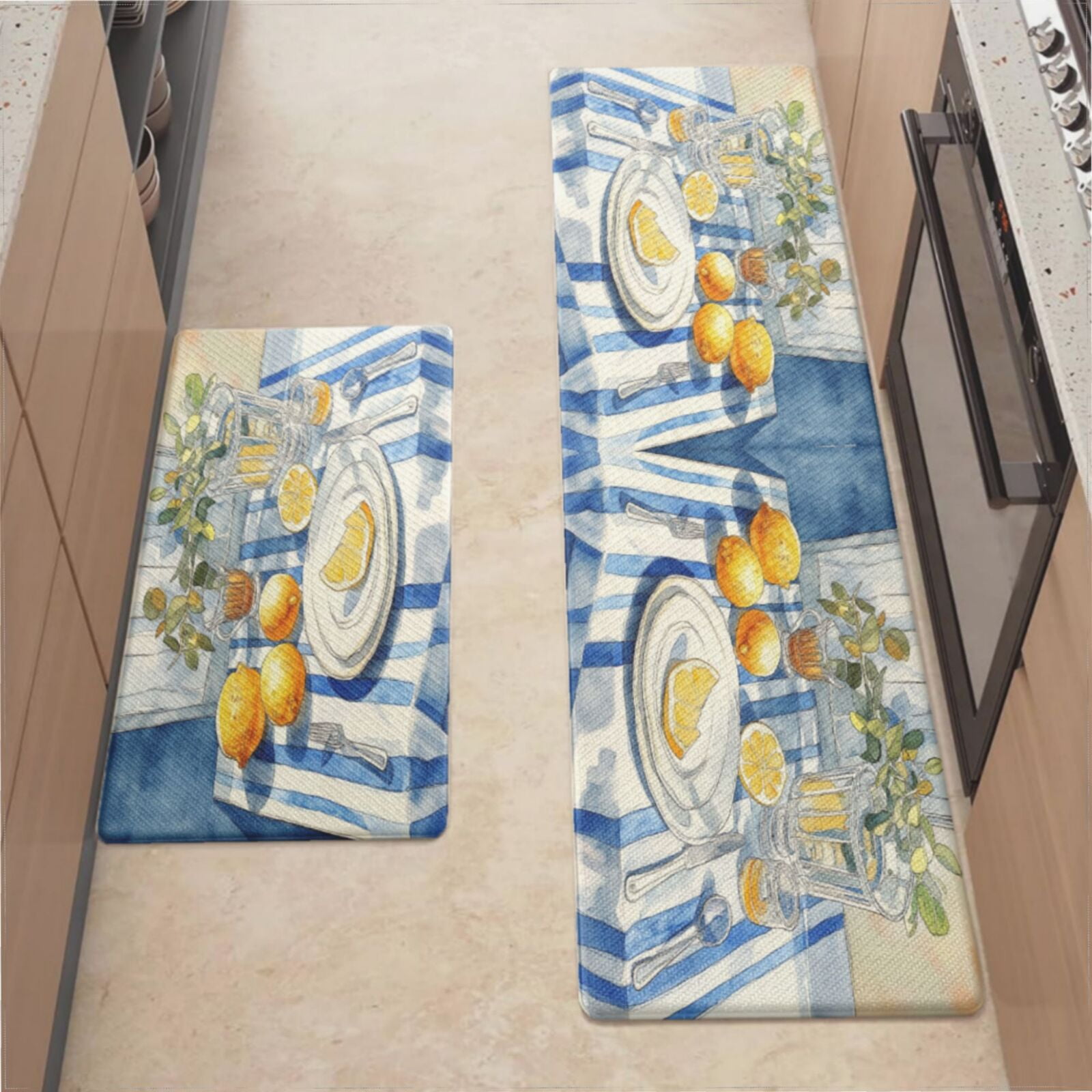 Anti Fatigue Cushioned Kitchen Mats For Floor, Waterproof Non Slip Comfort Mat, Blue Striped ...