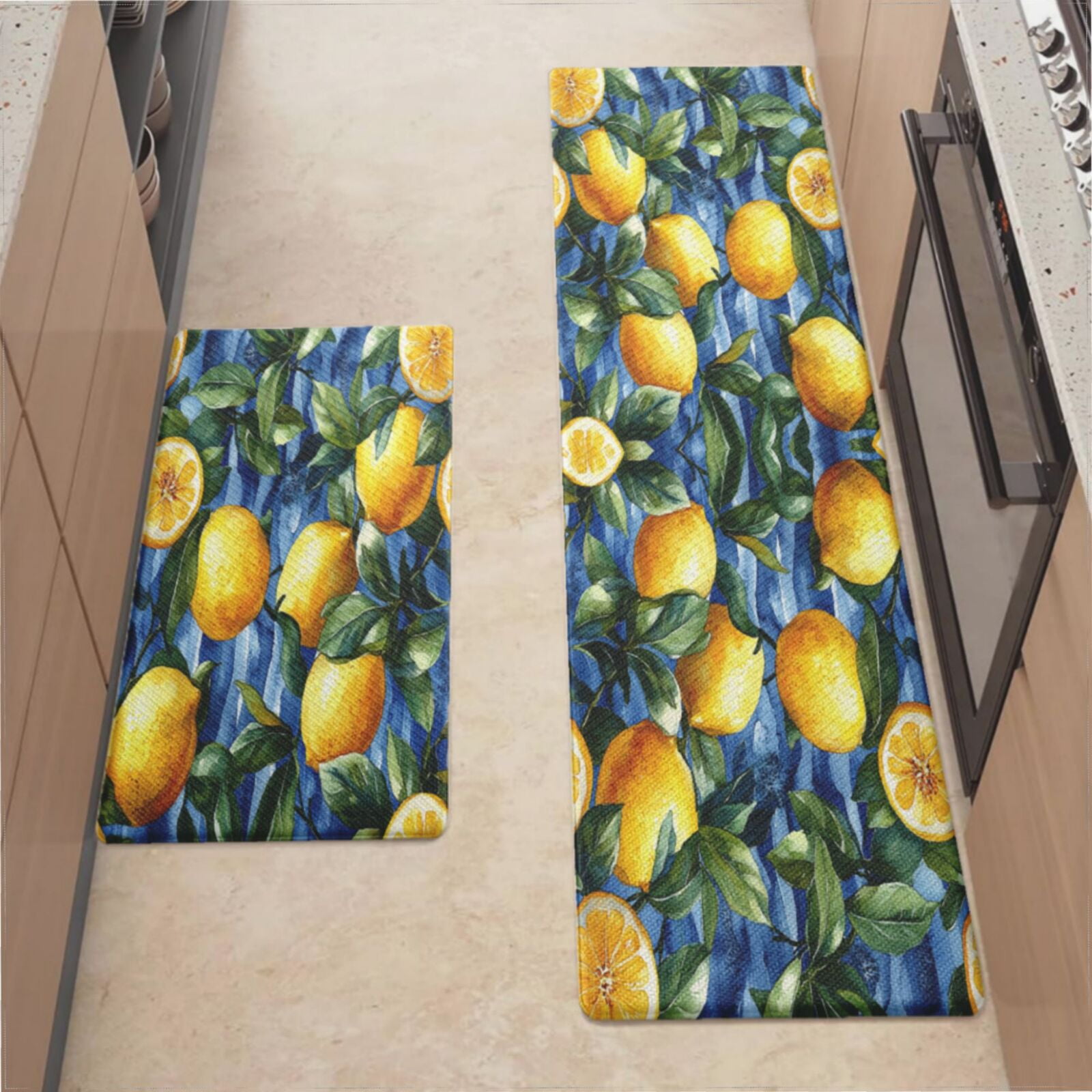 Anti Fatigue Cushioned Kitchen Mats For Floor, Waterproof Non Slip Comfort Mat, Lemons On Blue ...