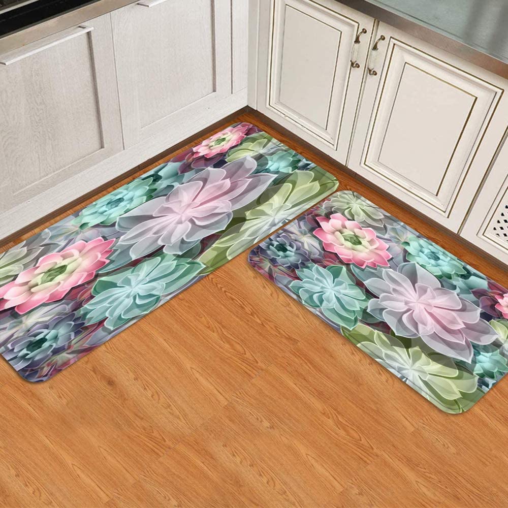 Anti-Fatigue Kitchen Floor Mat Set 2pcs,Floral Succulent Plants Boho ...