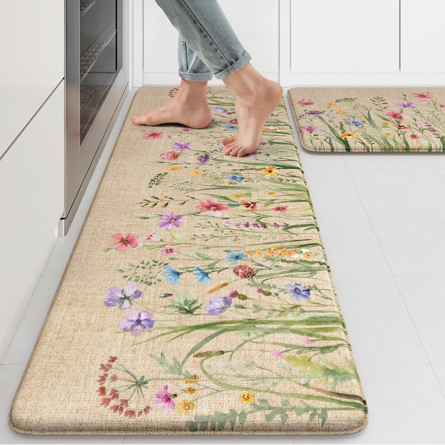 Anti Fatigue Kitchen Mat, 17"x47"+17"x29" Floral Kitchen Rugs Sets of 2 ...