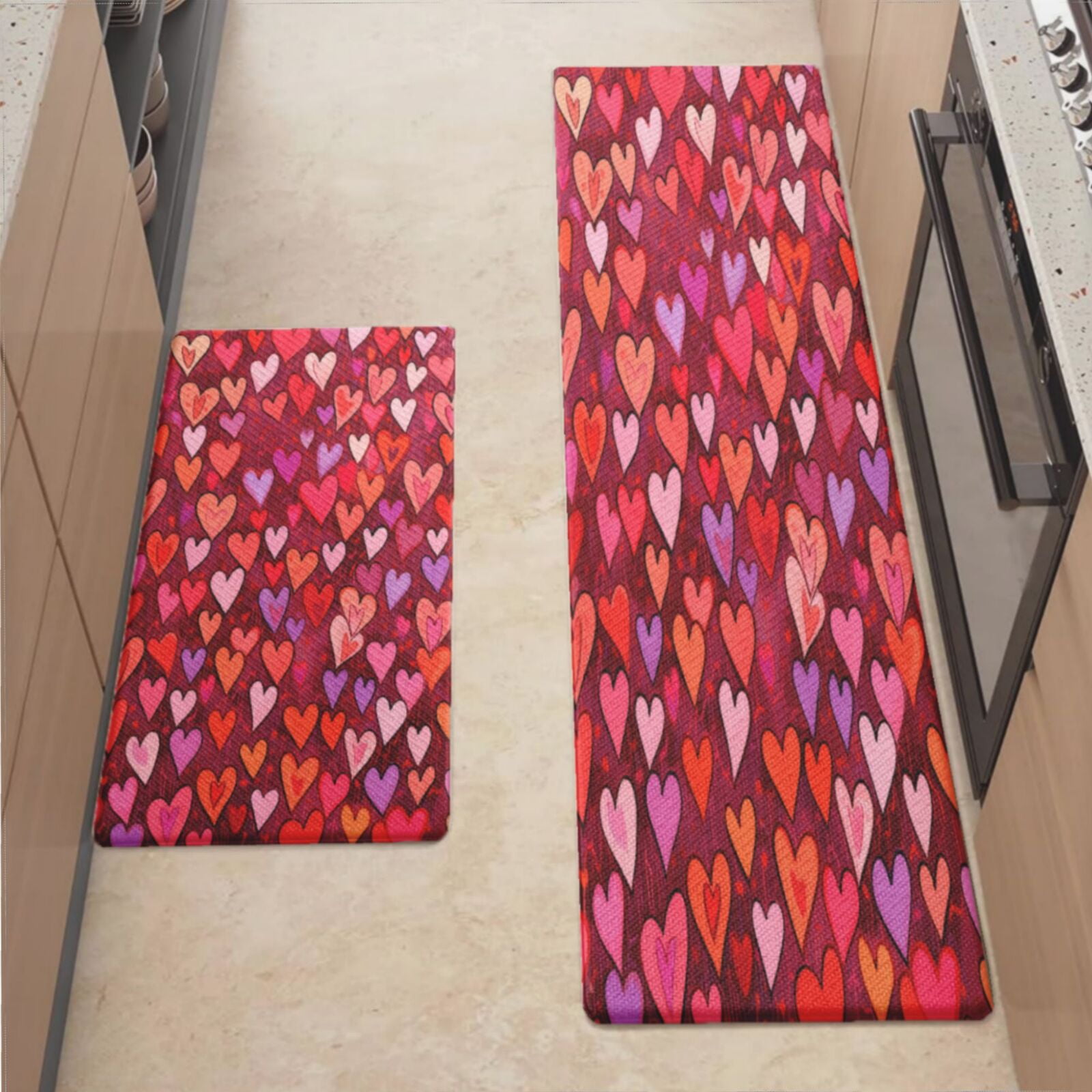 Anti Fatigue Kitchen Mat, Abstract Red And Pink Scribbled Hearts ...