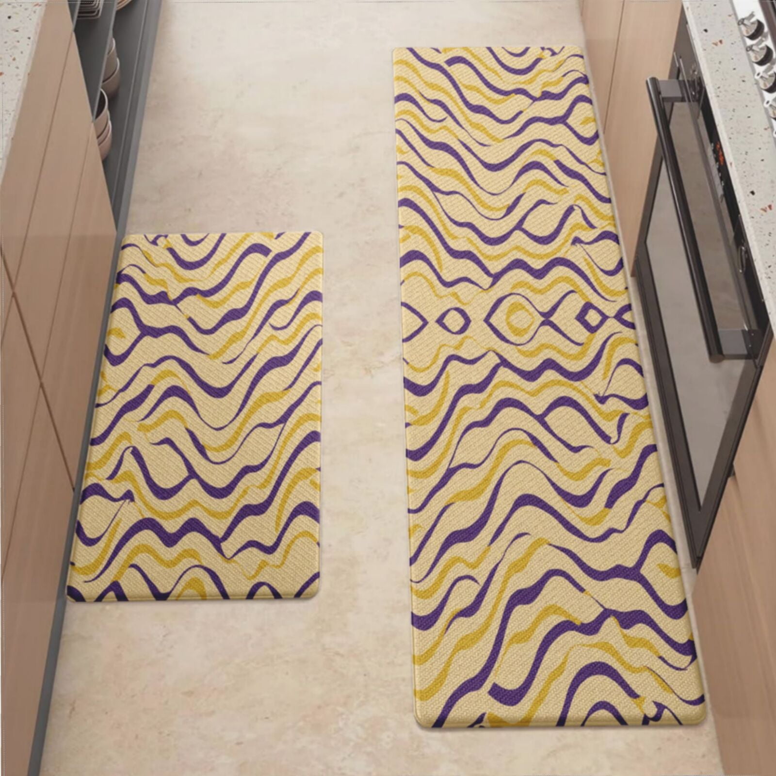 Anti Fatigue Kitchen Mat, Beige Background Wavy Purple Yellow Lines ...
