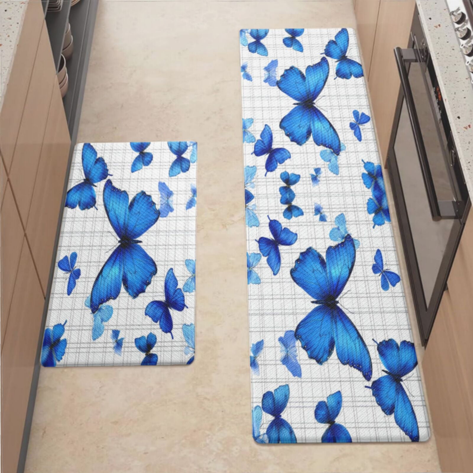 Anti Fatigue Kitchen Mat, Blue Butterfly Kitchen Rugs Non Slip ...