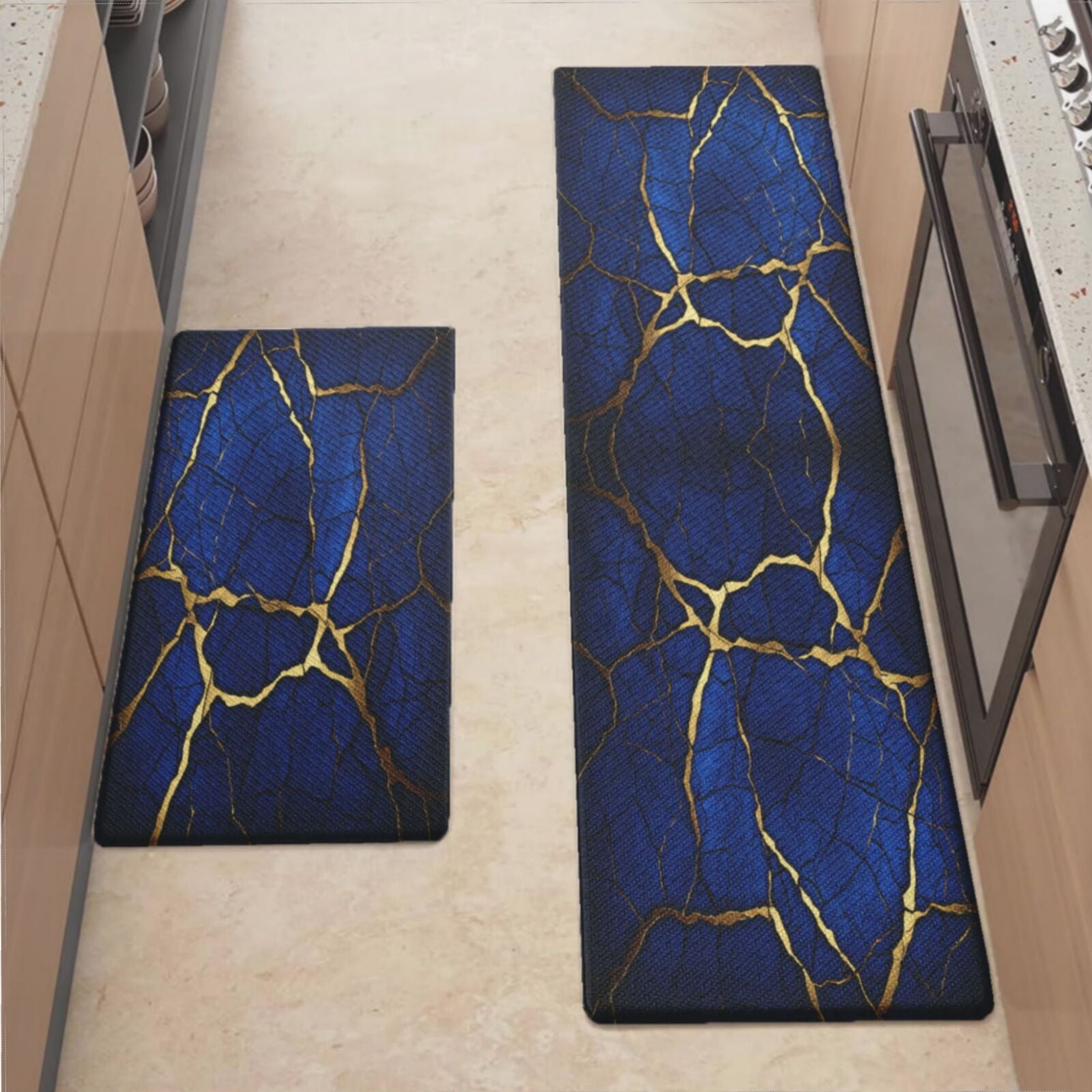 Anti Fatigue Kitchen Mat, Blue Golden Highlights Kitchen Rugs Non Slip ...