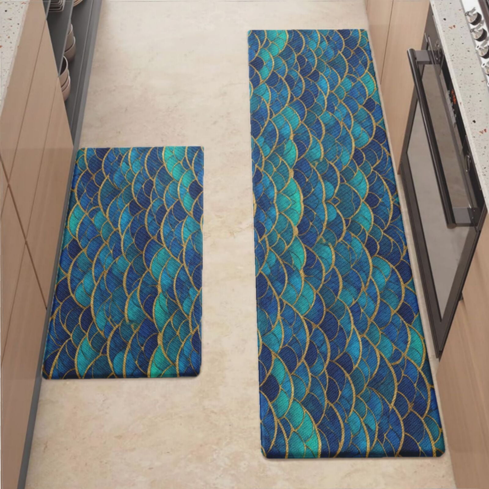 Anti Fatigue Kitchen Mat, Blue And Green Scales Kitchen Rugs Non Slip ...