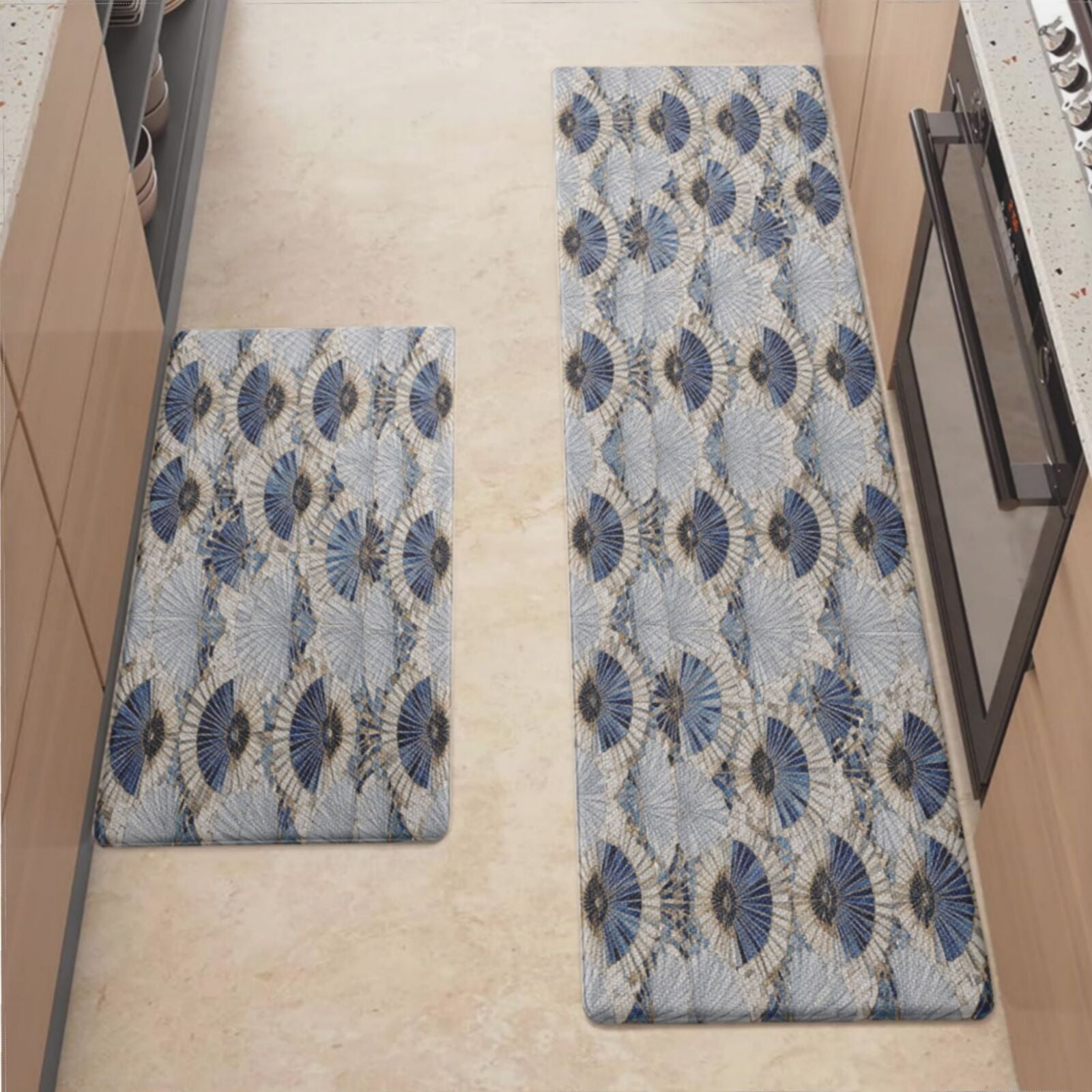 Anti Fatigue Kitchen Mat, Blue White Fan Shape Classic Kitchen Rugs Non ...