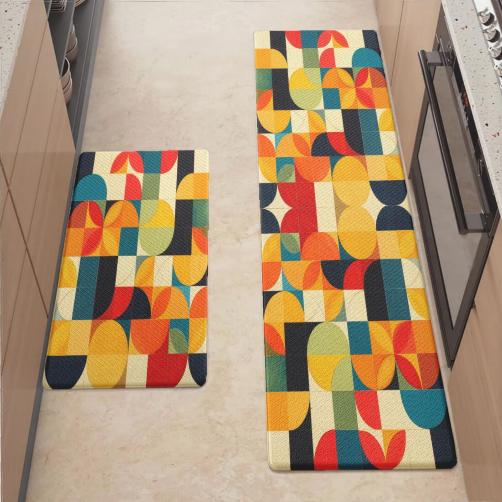 Anti Fatigue Kitchen Mat, Colorful Abstract Vibrant Curves Shapes Sets ...