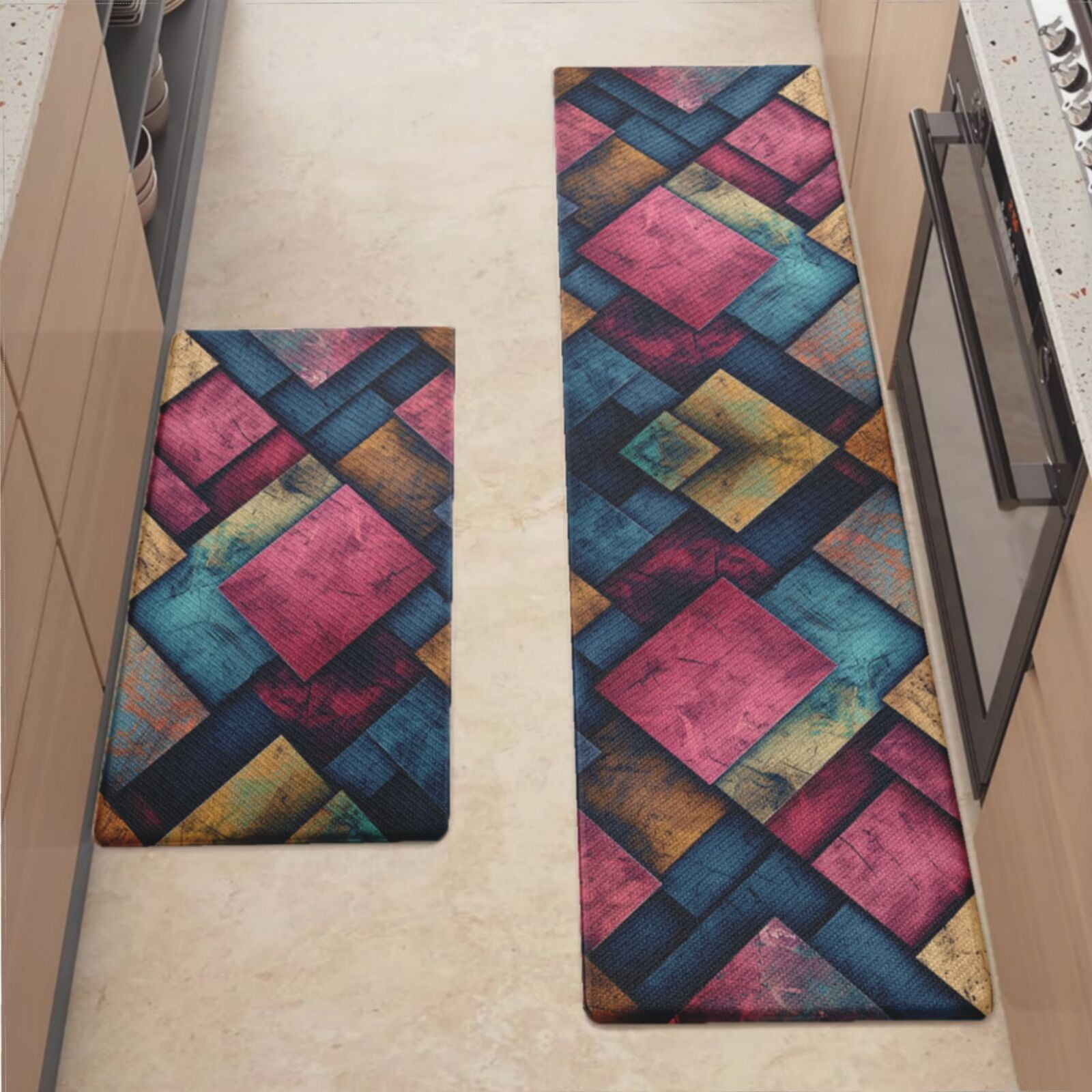 Anti Fatigue Kitchen Mat, Colorful Grid Sets of 2 Kitchen Rugs Non Slip ...