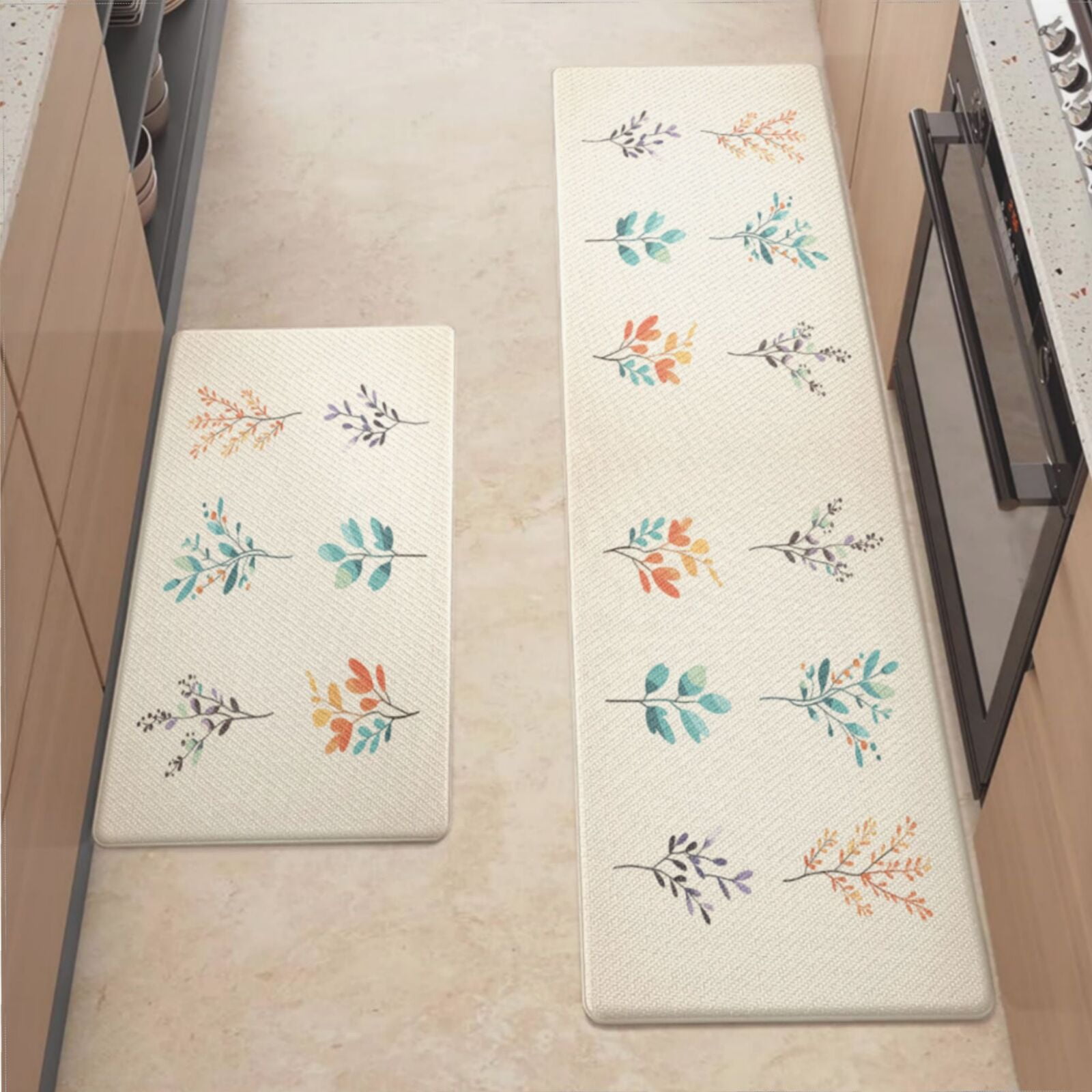 Anti Fatigue Kitchen Mat, Colorful Leaves Vibrant Illustration Sets of ...