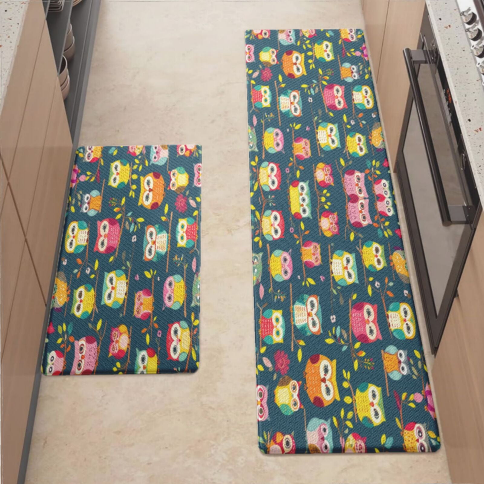 Anti Fatigue Kitchen Mat, Cute Owl Pattern Sets of 2 Kitchen Rugs Non ...