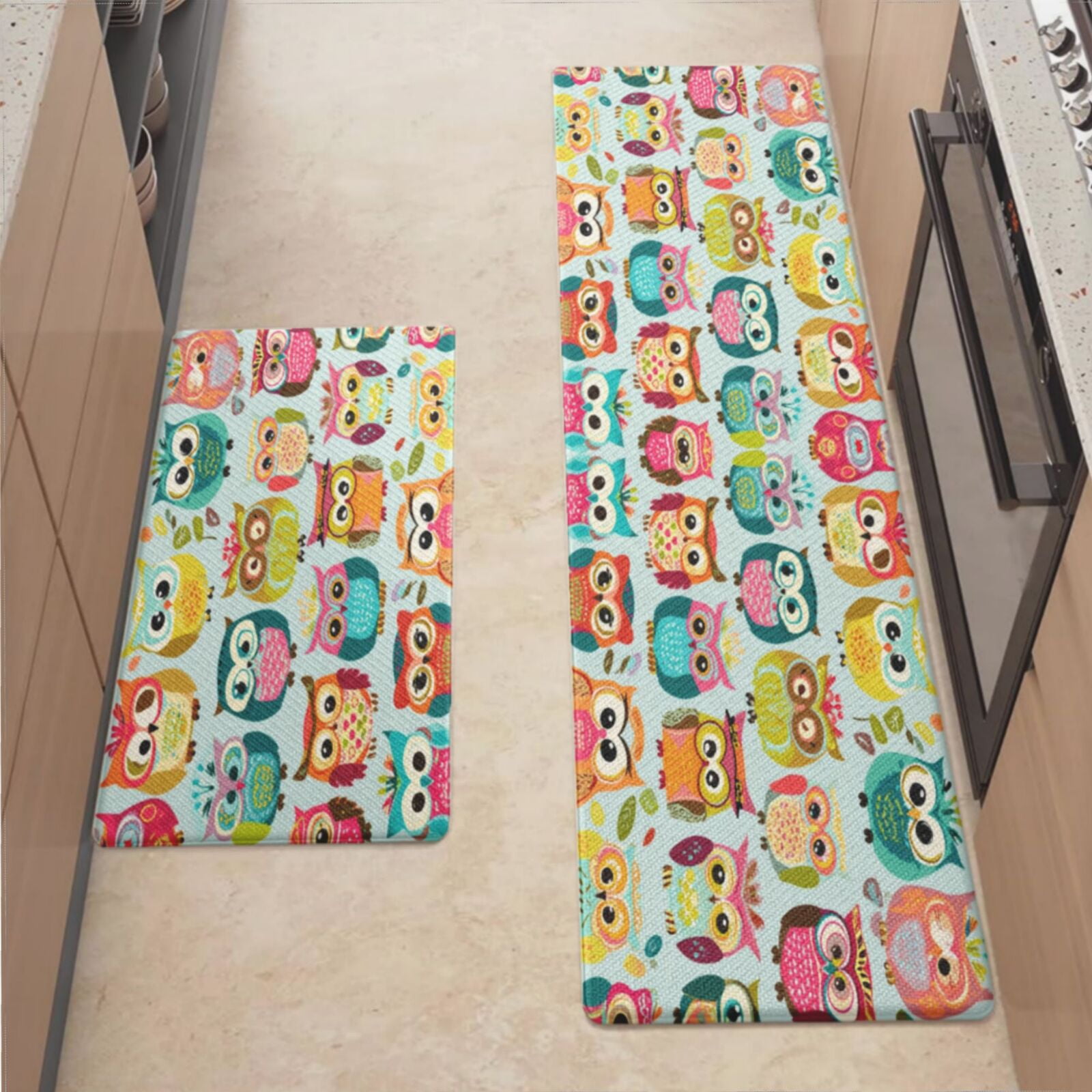 Anti Fatigue Kitchen Mat, Cute Owl Pattern Sets of 2 Kitchen Rugs Non ...