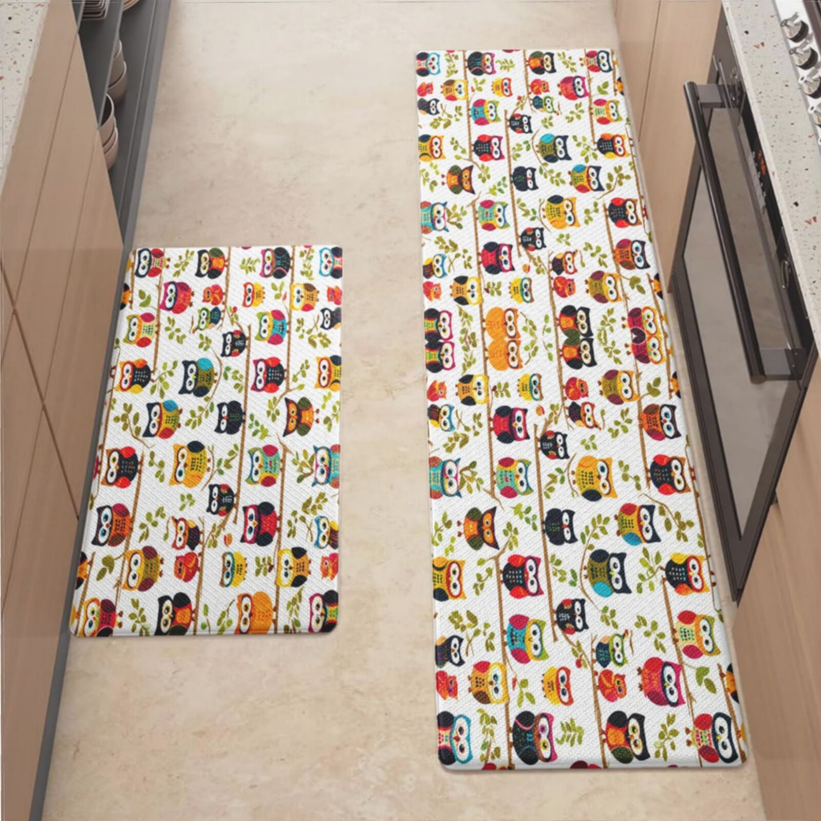 Anti Fatigue Kitchen Mat, Cute Owl Pattern Sets of 2 Kitchen Rugs Non ...