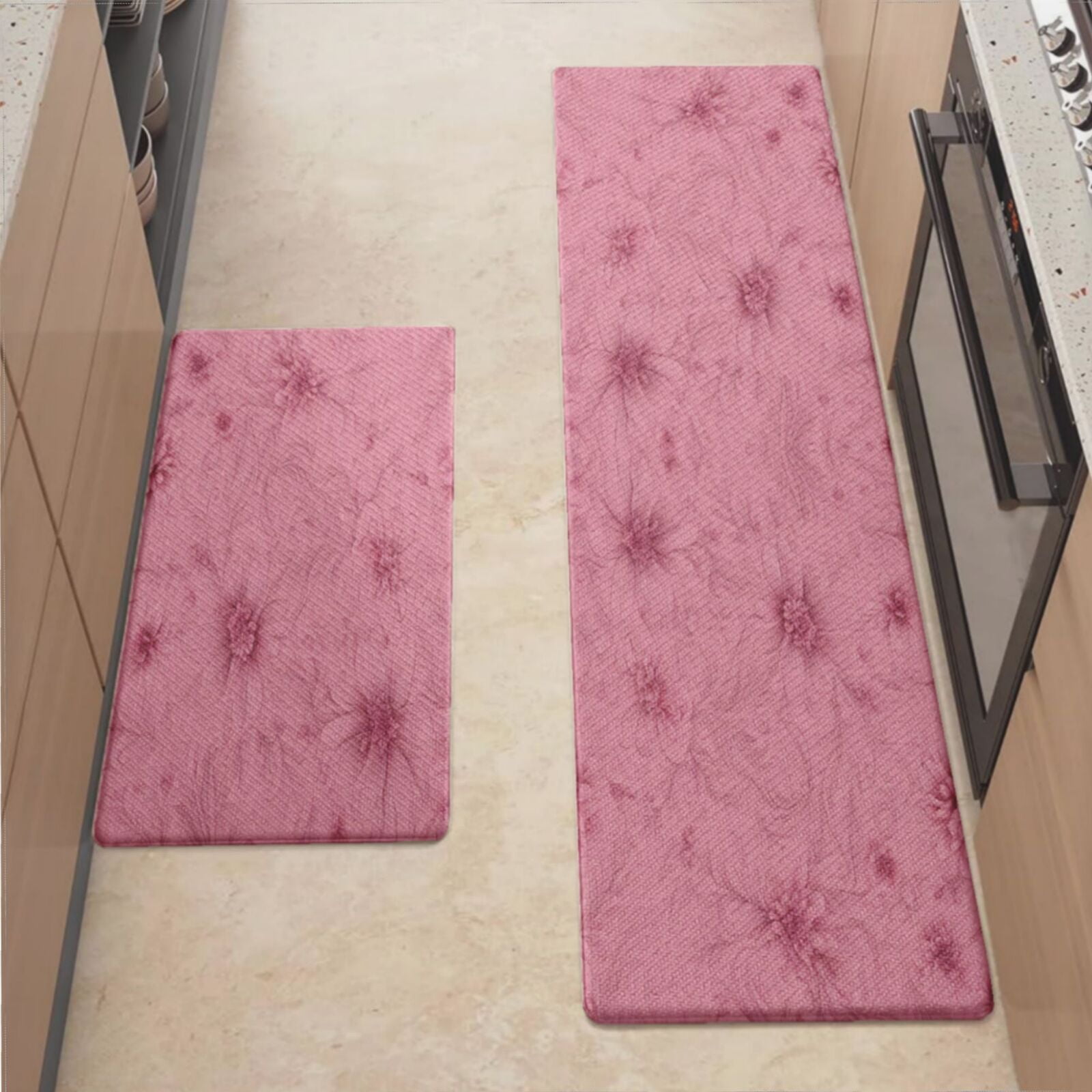 Anti Fatigue Kitchen Mat, Embossed Pink Floral Sets of 2 Kitchen Rugs ...
