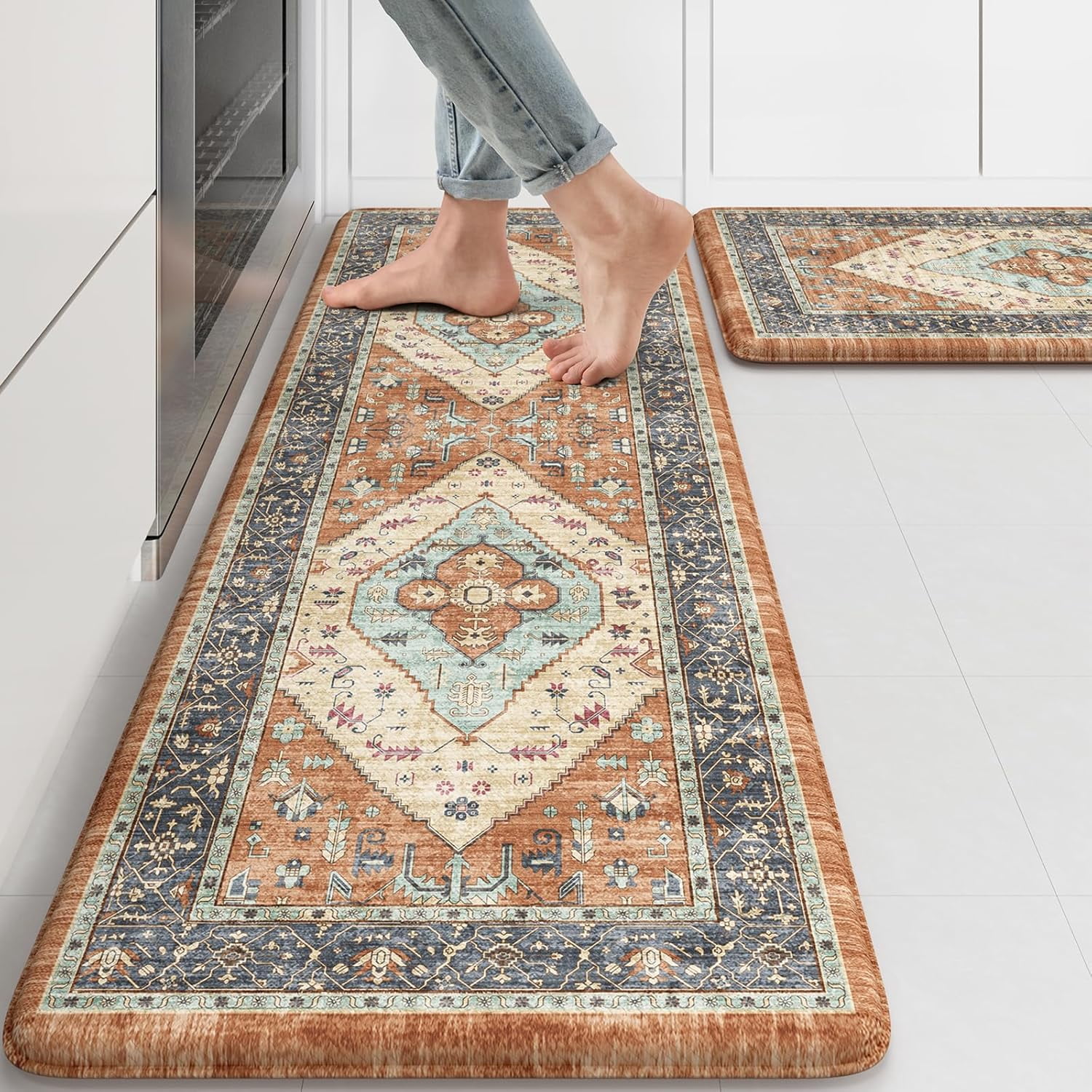 Anti Fatigue Kitchen Mat for Floor, Boho Orange Kitchen Rugs Sets of 2 ...
