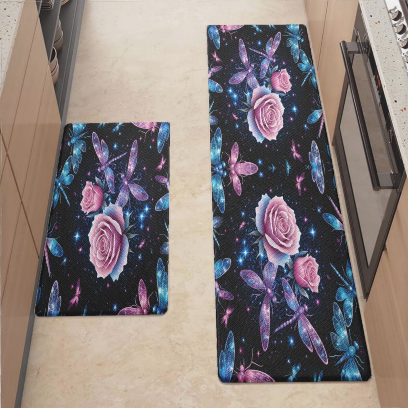 Anti Fatigue Kitchen Mat, Glowing Dragonflies And Roses Kitchen Rugs ...