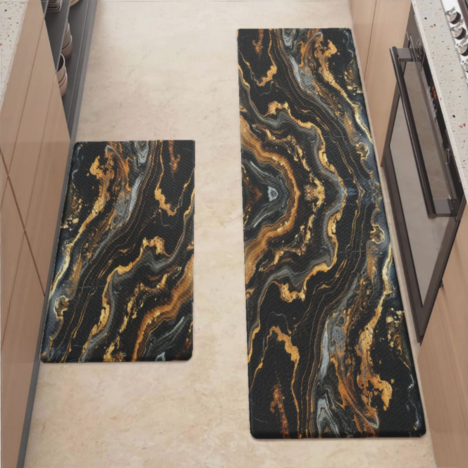 Anti Fatigue Kitchen Mat, Marble Pattern Black Gold Kitchen Rugs Non ...