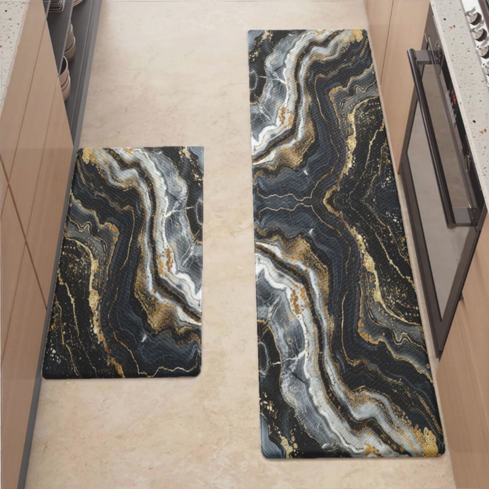 Anti Fatigue Kitchen Mat, Marble Pattern Black Gold Kitchen Rugs Non ...