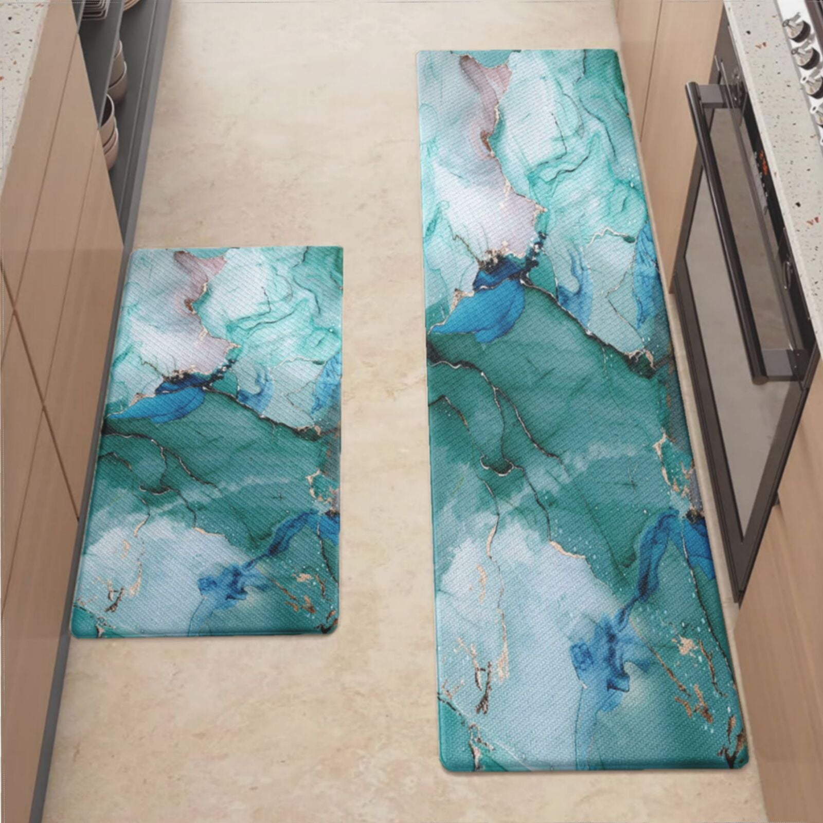 Anti Fatigue Kitchen Mat, Marble Pattern Blue Gold Kitchen Rugs Non ...
