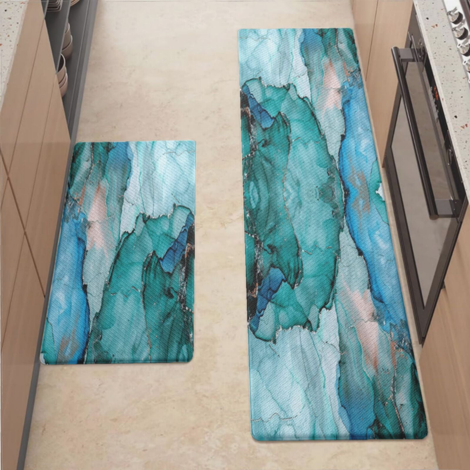 Anti Fatigue Kitchen Mat, Marble Pattern Blue Gold Kitchen Rugs Non ...