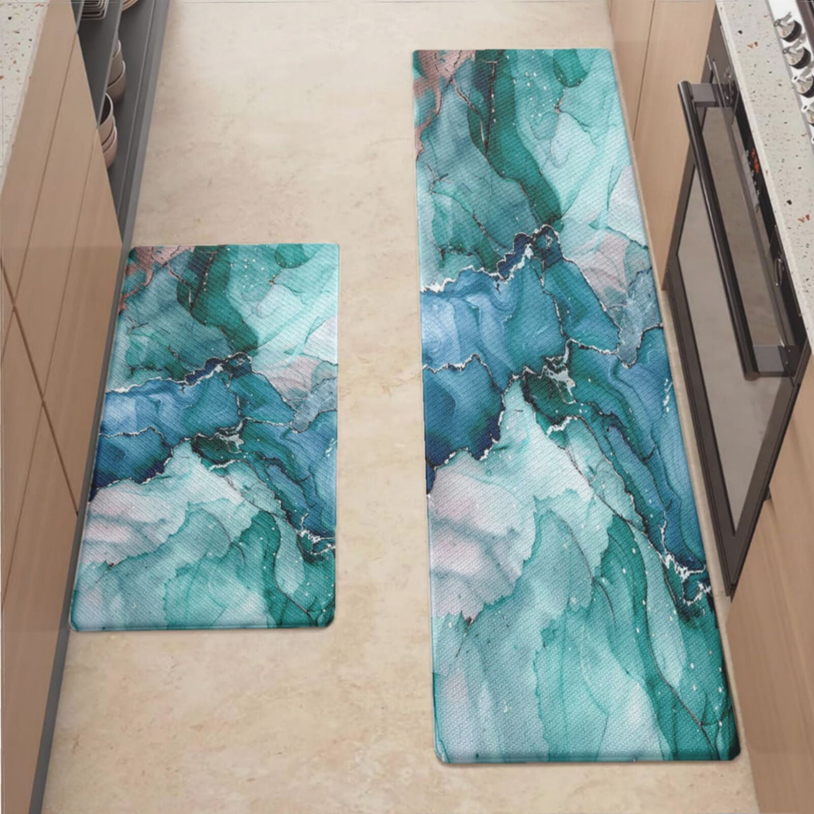 Anti Fatigue Kitchen Mat, Marble Pattern Blue Gold Kitchen Rugs Non ...
