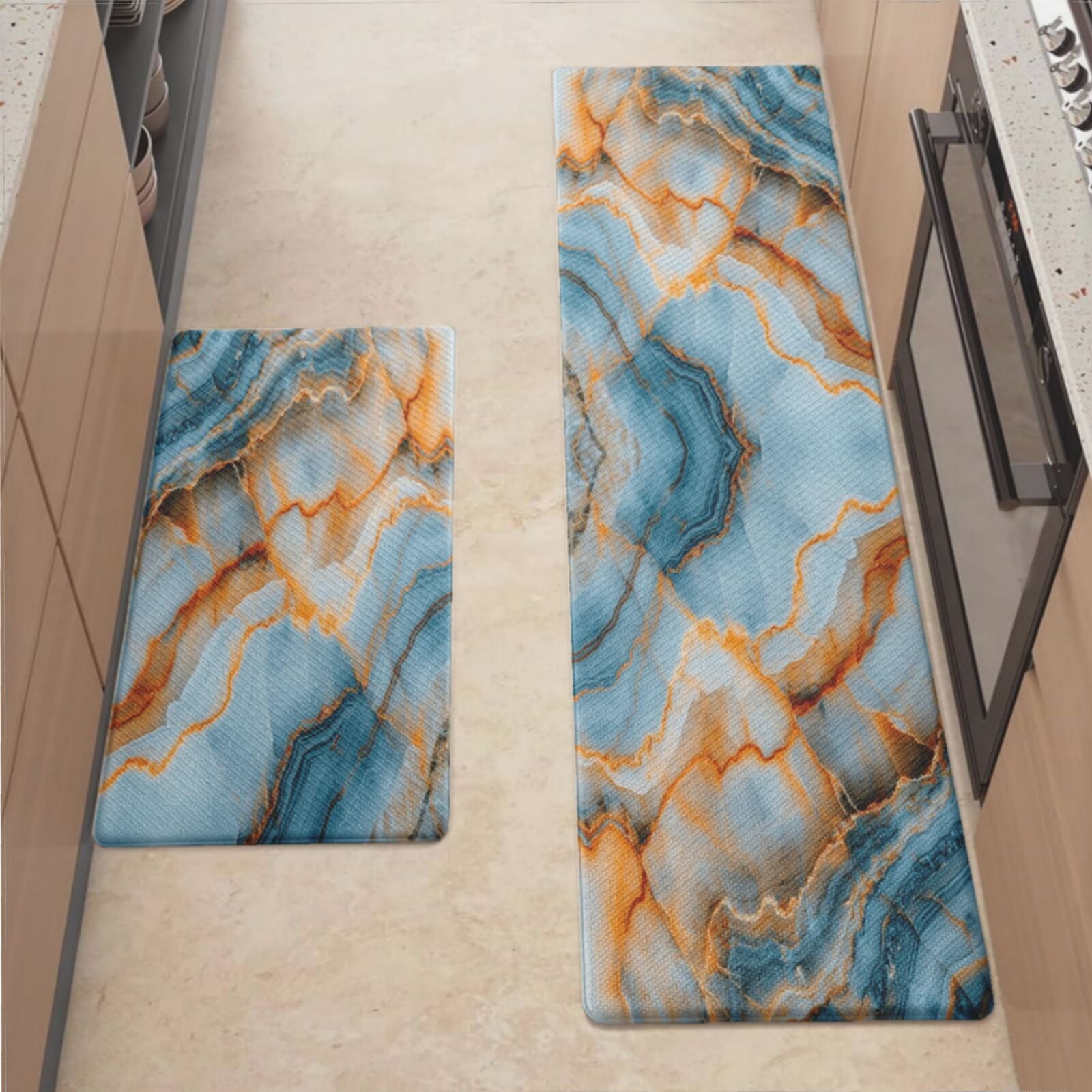 Anti Fatigue Kitchen Mat, Marble Pattern Blue Gold Kitchen Rugs Non ...
