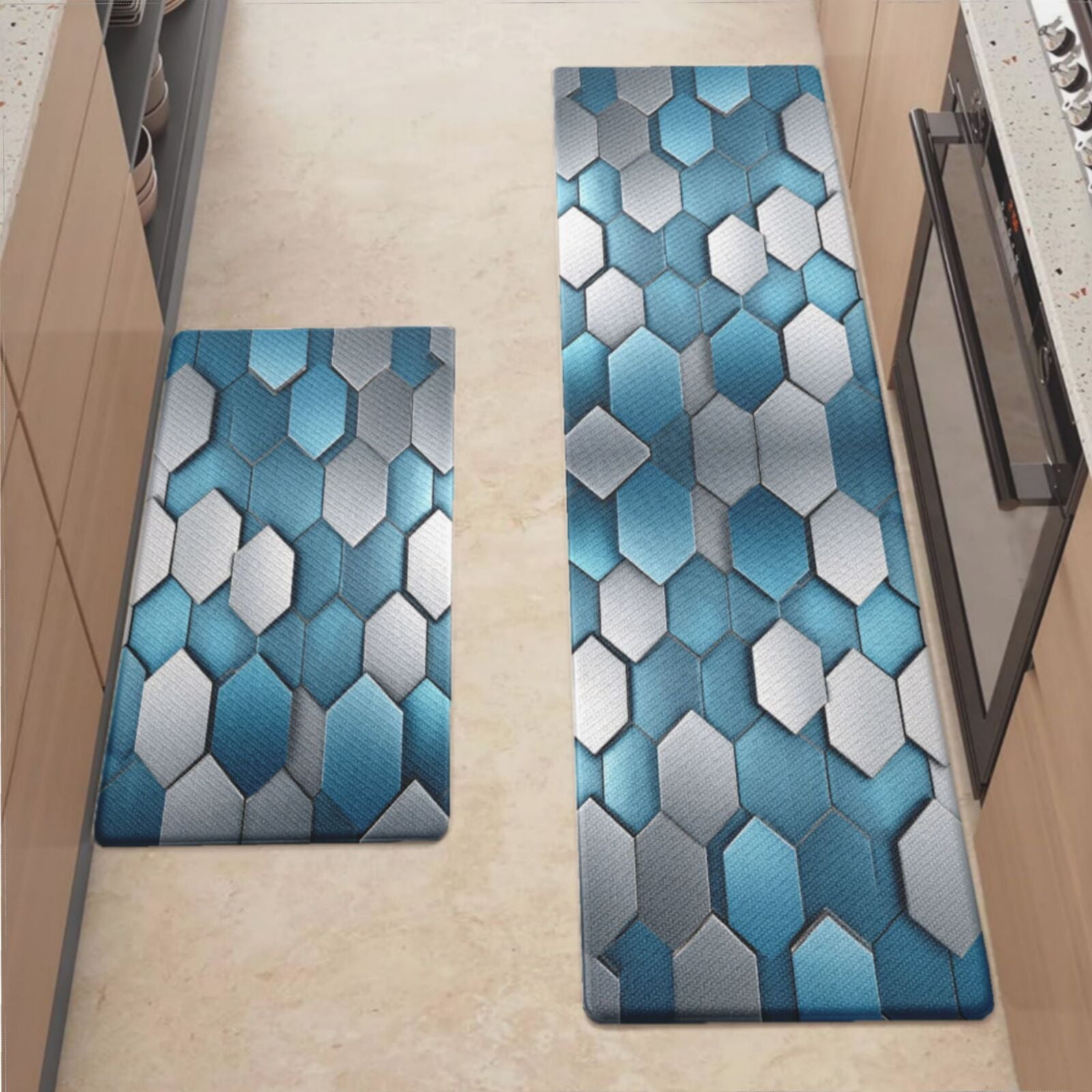 Anti Fatigue Kitchen Mat, Metallic Hexagonal Blue Silver Kitchen Rugs ...