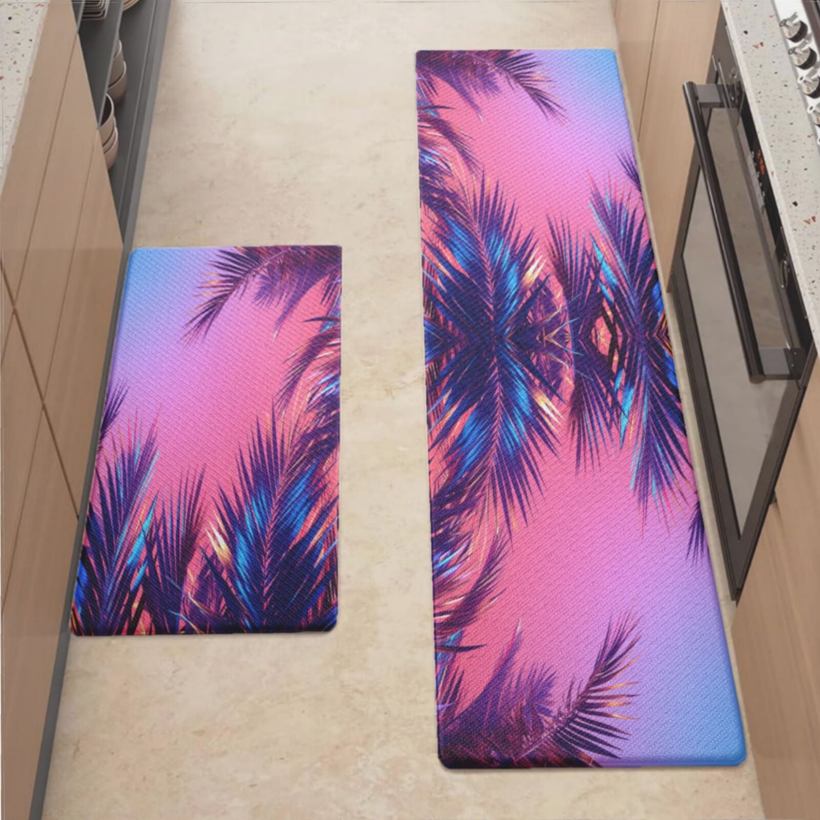 Anti Fatigue Kitchen Mat, Neon Color Tropical Plant Sets of 2 Kitchen ...
