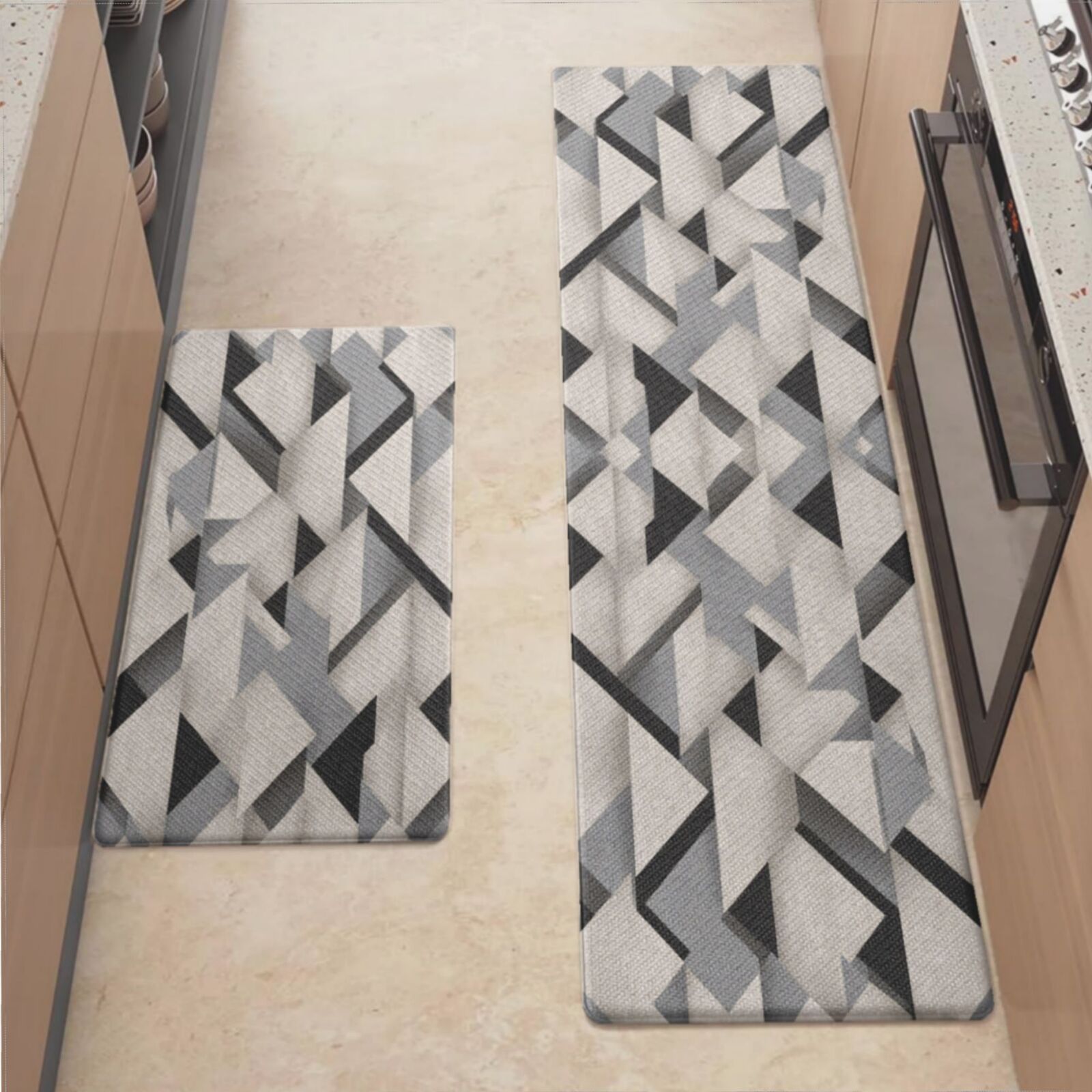 Anti Fatigue Kitchen Mat, Overlapping Triangles Gray And Black Sets of ...