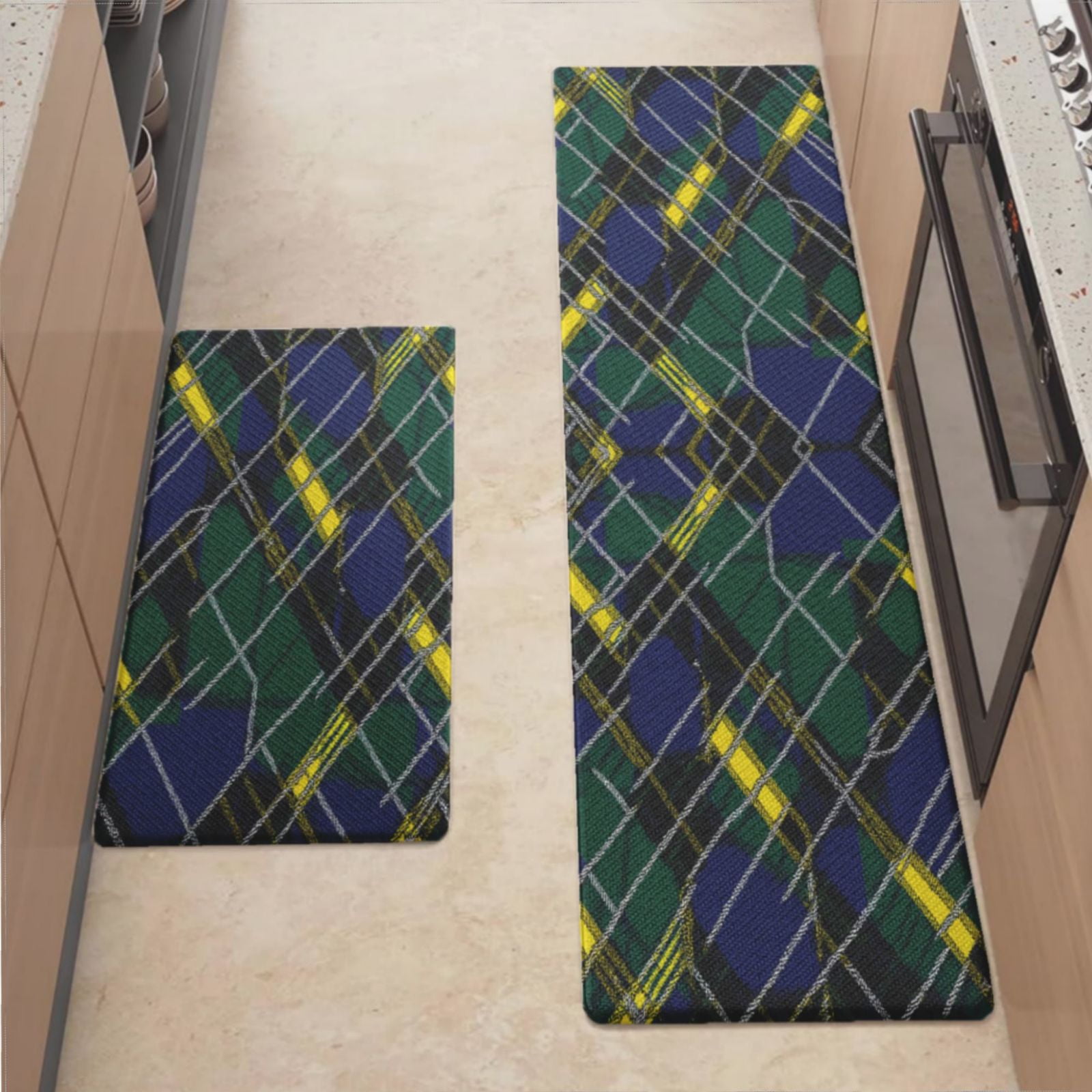 Anti Fatigue Kitchen Mat, Plaid Blue, Green, Yellow Kitchen Rugs Non ...