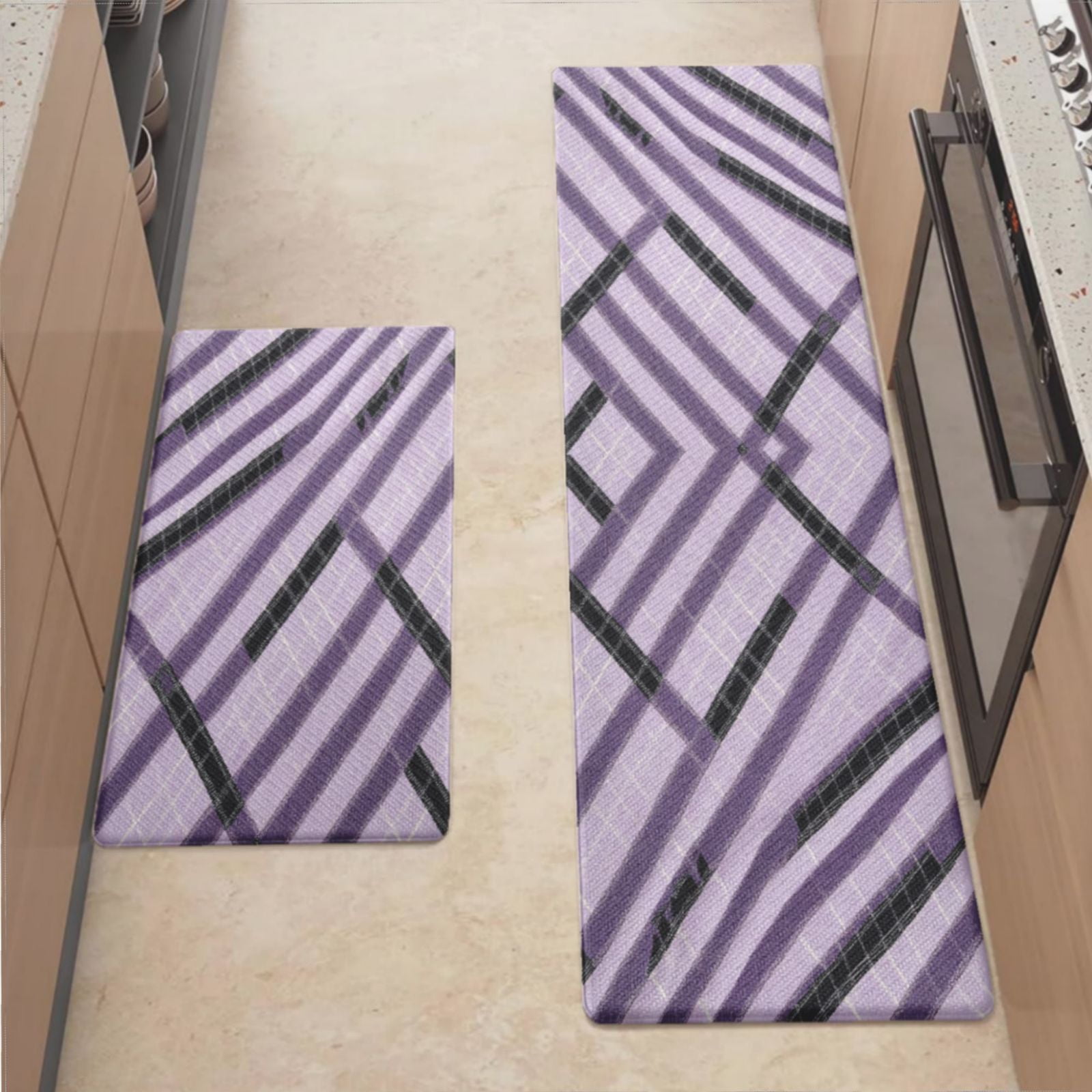Anti Fatigue Kitchen Mat, Plaid Pattern Light Purple Kitchen Rugs Non ...