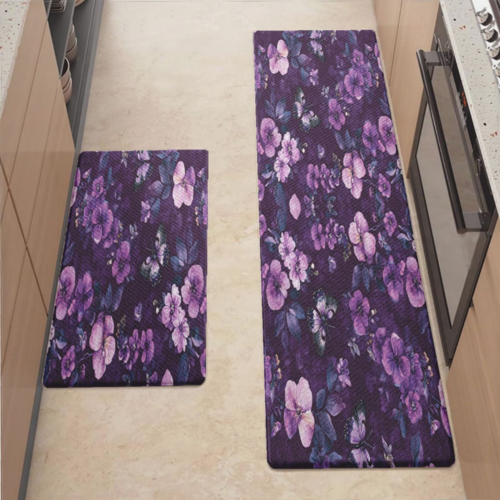 Anti Fatigue Kitchen Mat, Purple Butterfly Sets of 2 Kitchen Rugs Non ...
