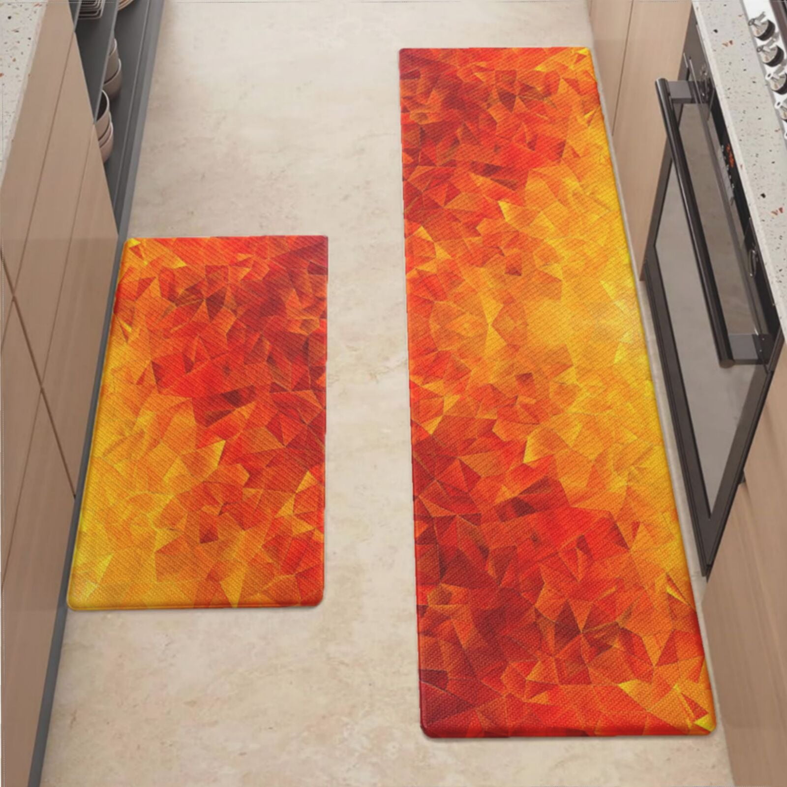 Anti Fatigue Kitchen Mat, Red Orange Grid Sets of 2 Kitchen Rugs Non ...