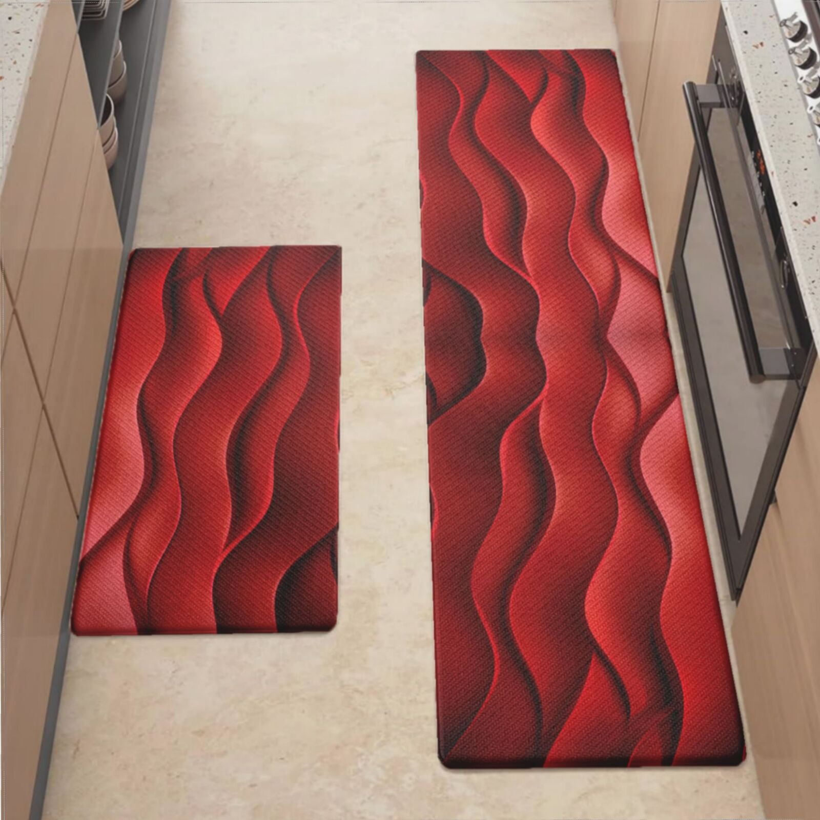 Anti Fatigue Kitchen Mat, Red Wave Sets of 2 Kitchen Rugs Non Slip ...