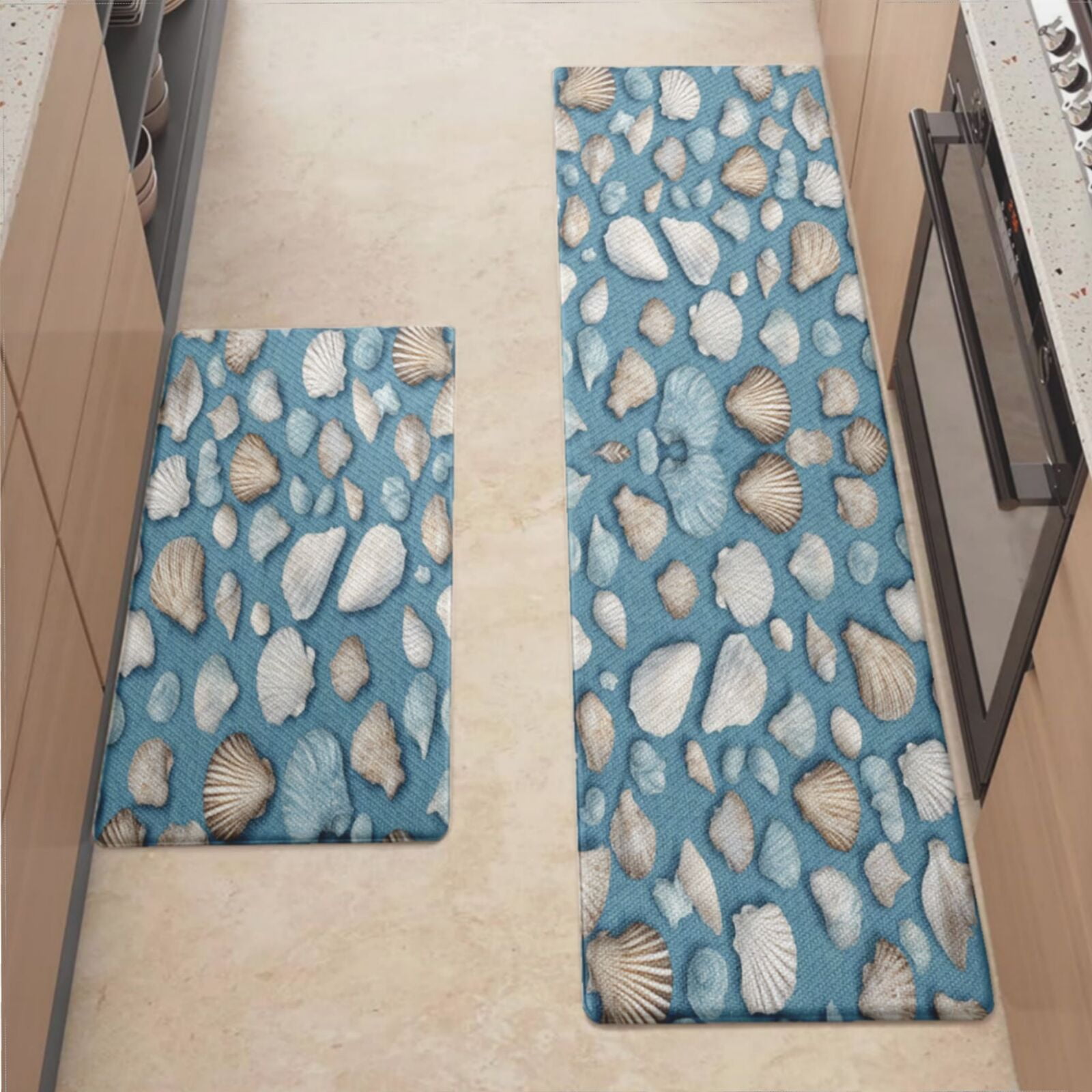 Anti Fatigue Kitchen Mat, Seashell Blue Ocean Sets of 2 Kitchen Rugs Non Slip, Cushioned ...